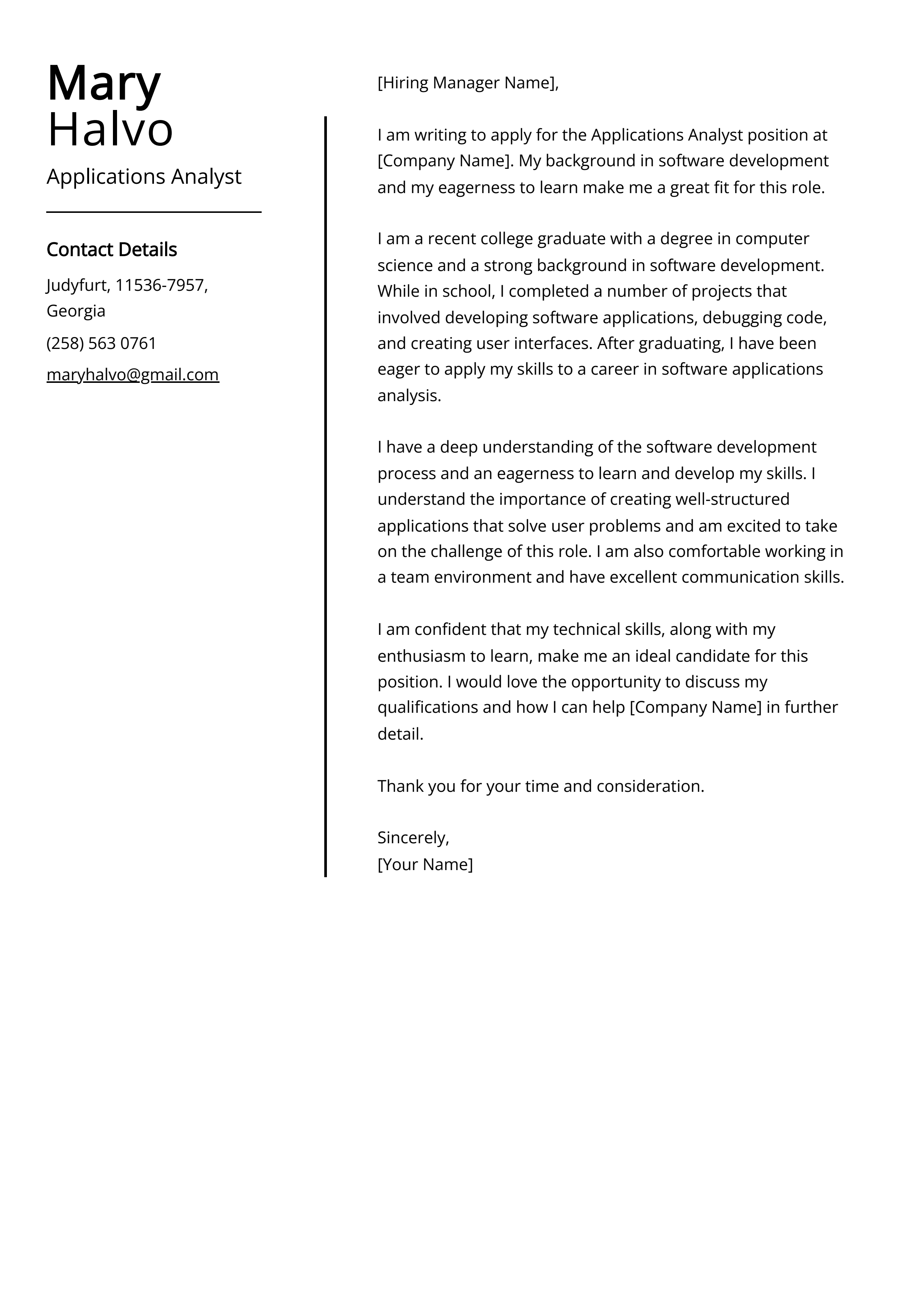 Applications Analyst Cover Letter Example for 2023 (Skills & Templates)