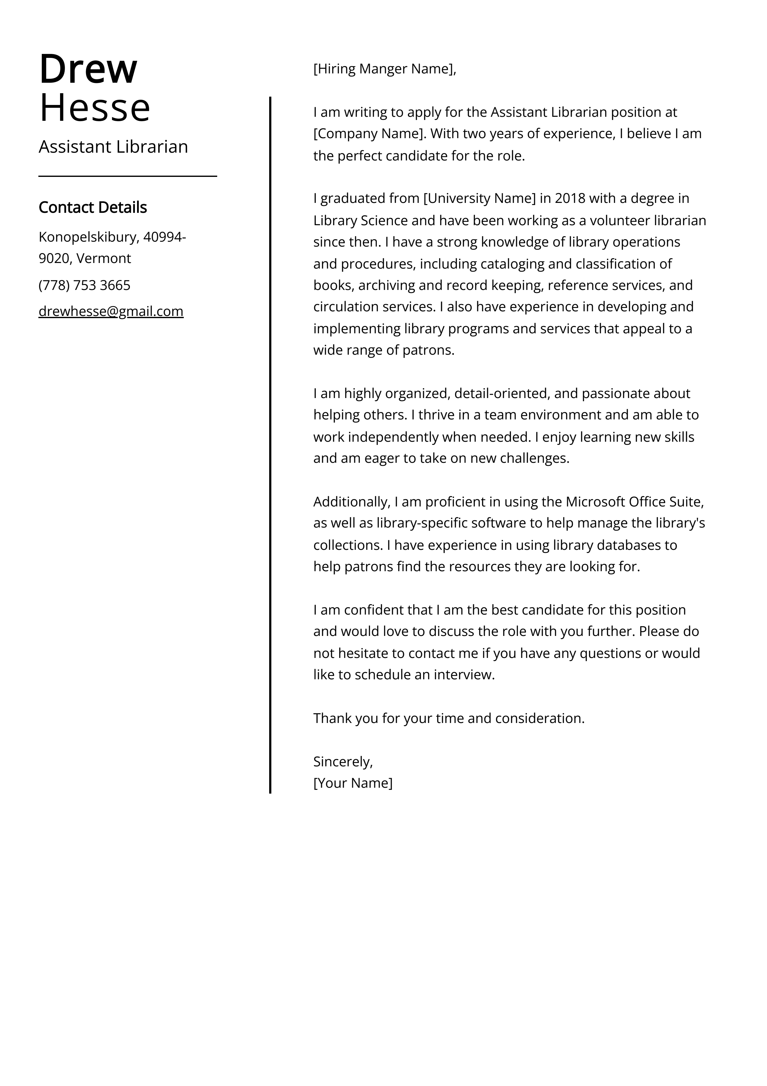 Assistant Librarian Cover Letter Example for 2023 (Skills & Templates)