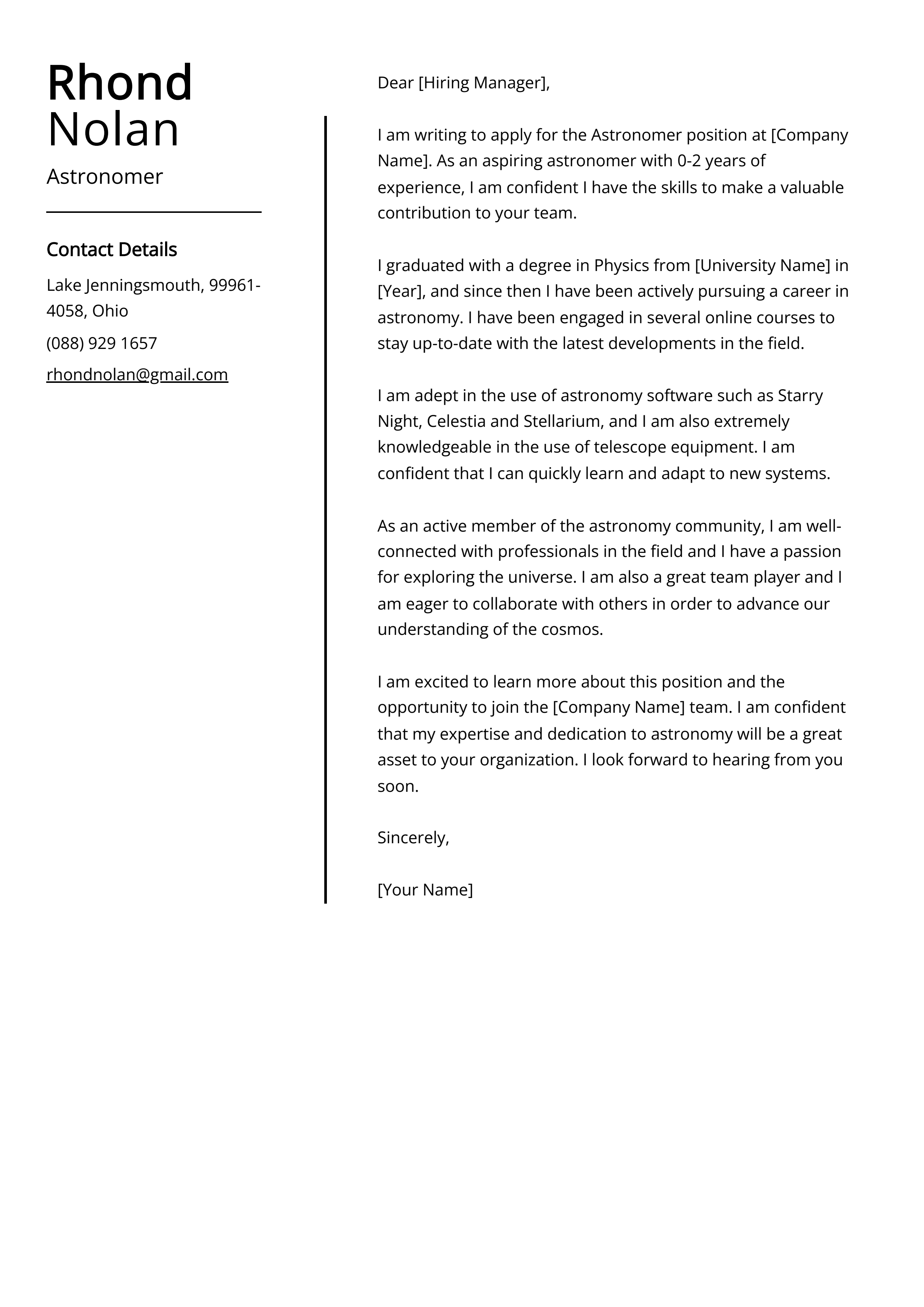 Astronomer Cover Letter Example for 2023 (Skills & Templates)
