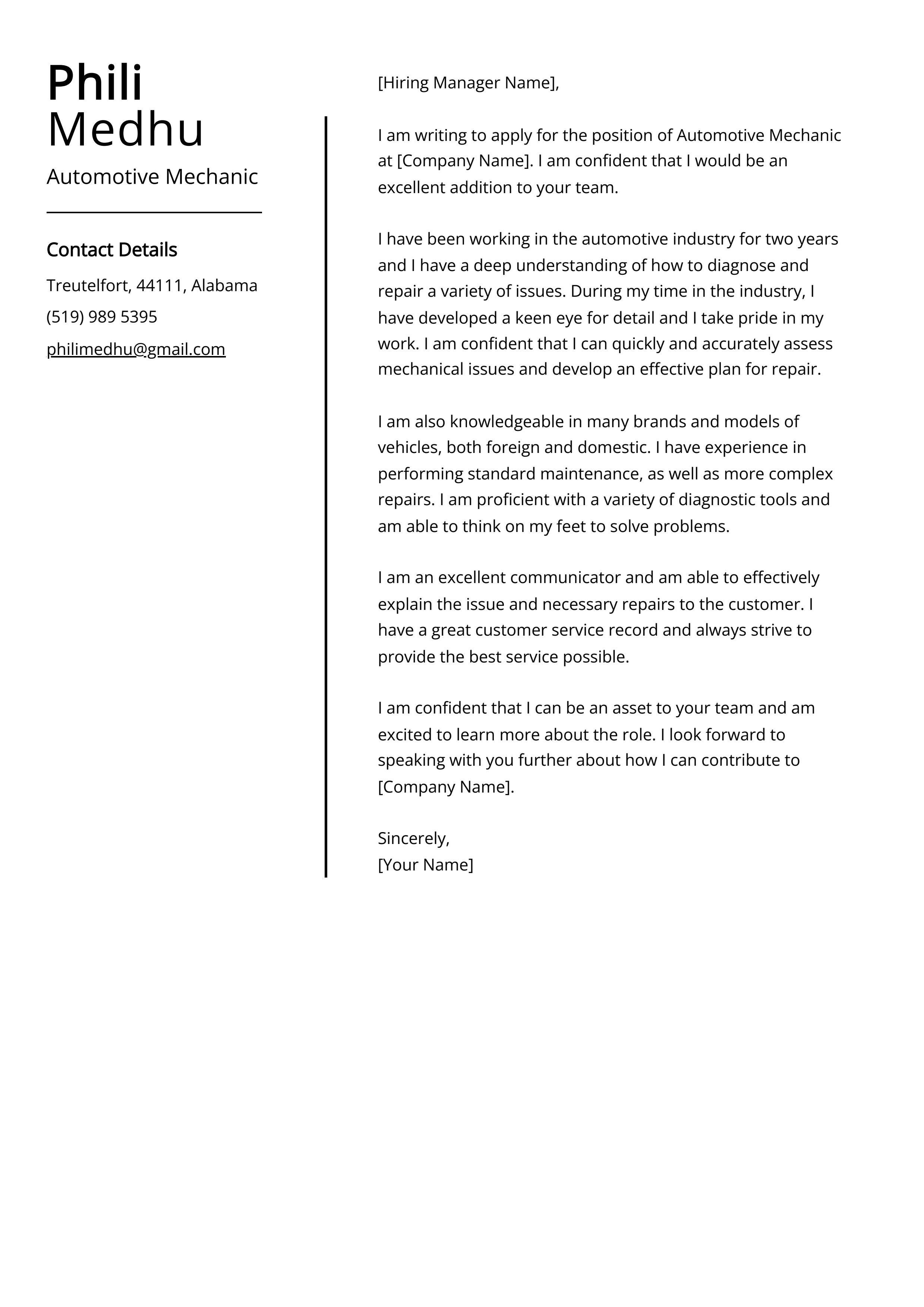 Mechanic Cover Letter For Resume