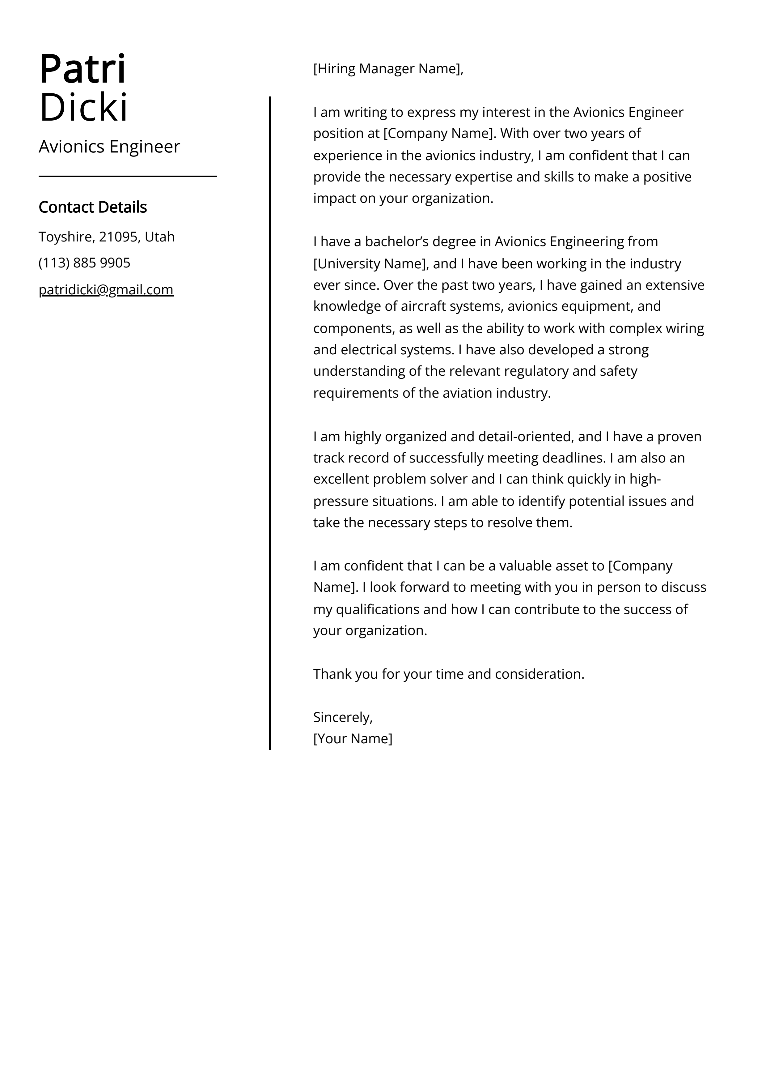 Avionics Engineer Cover Letter Example (Free Guide)