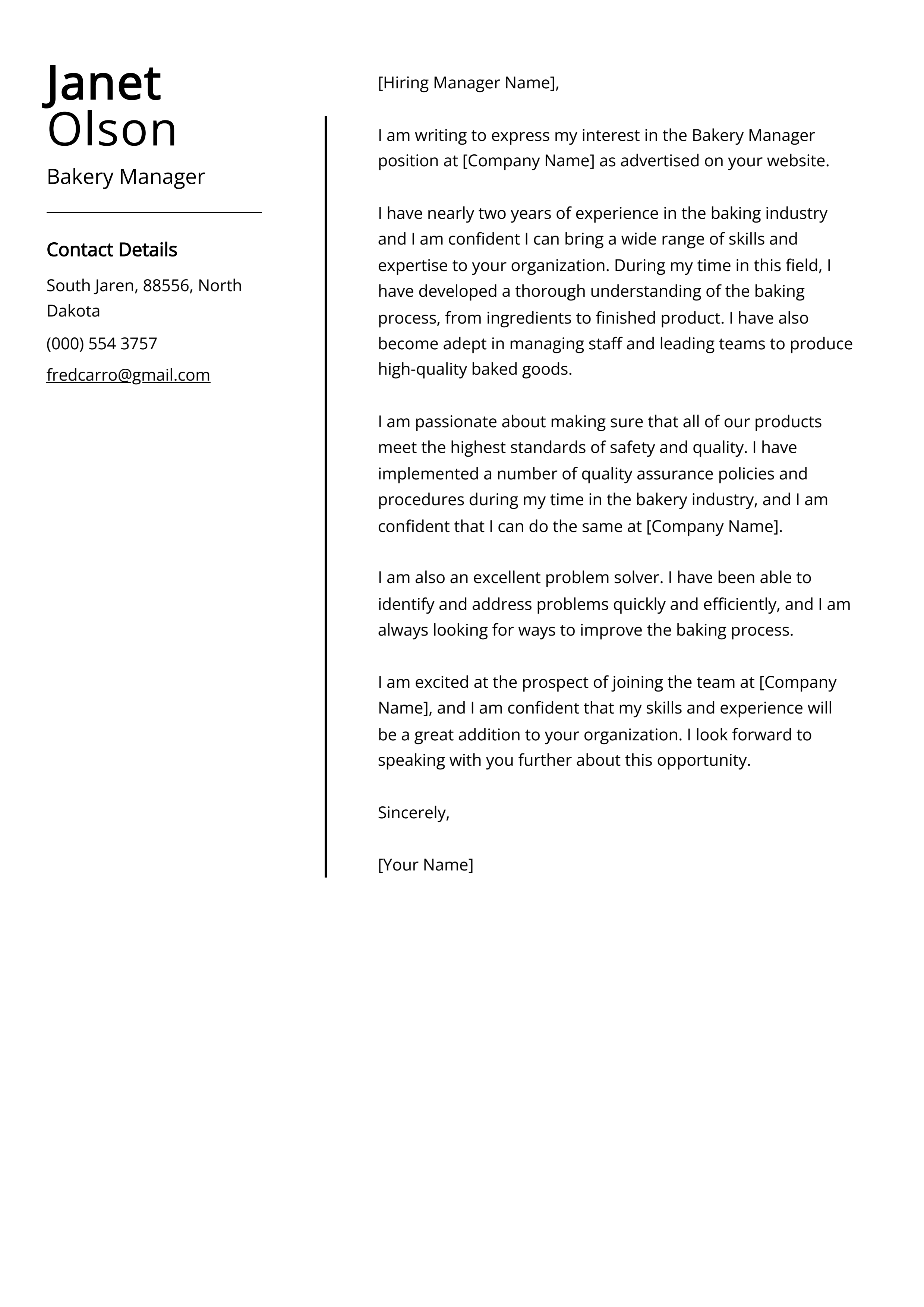 Bakery Manager Cover Letter Example Free Guide 