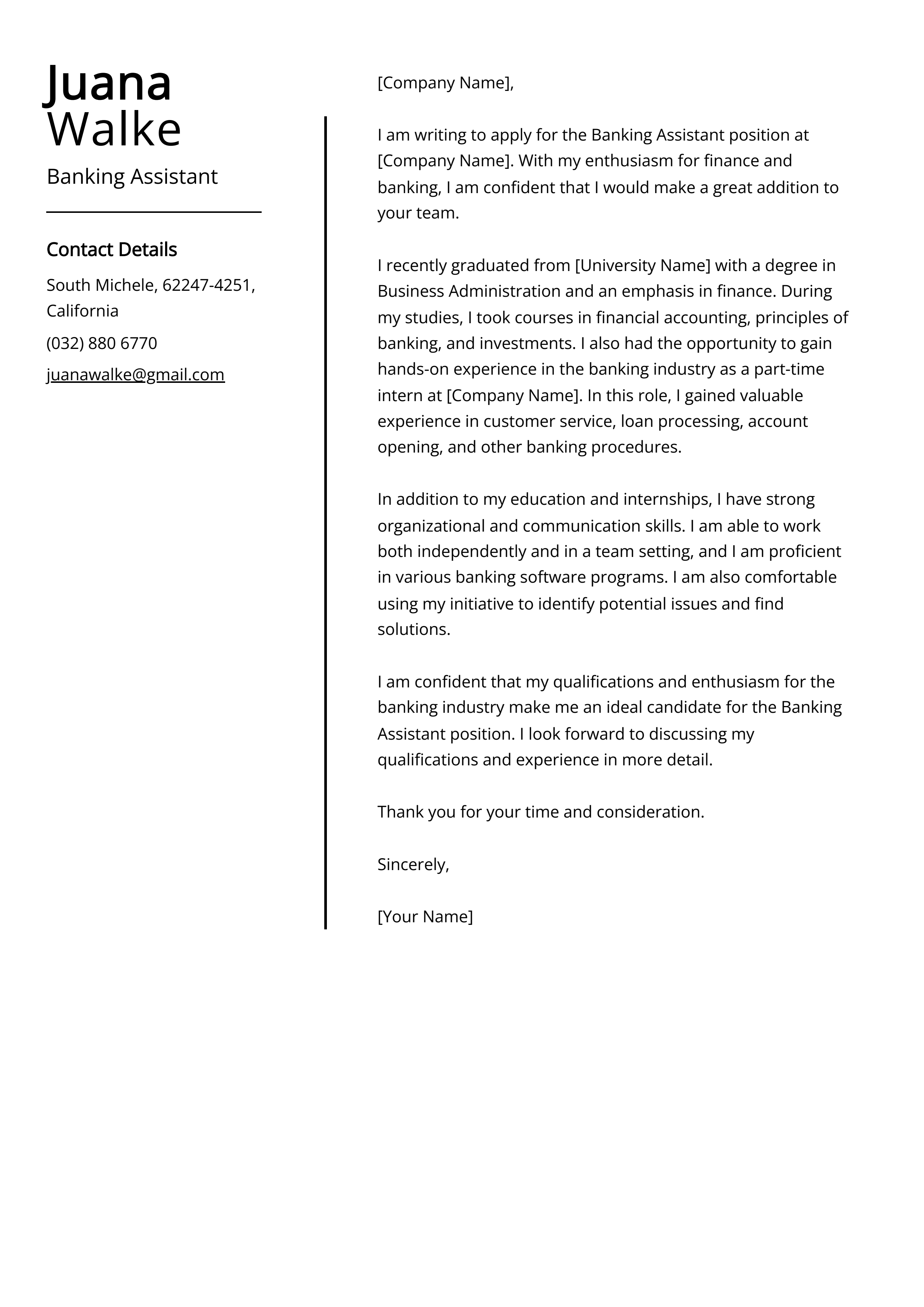 Banking Assistant Cover Letter Example for 2023 (Skills & Templates)