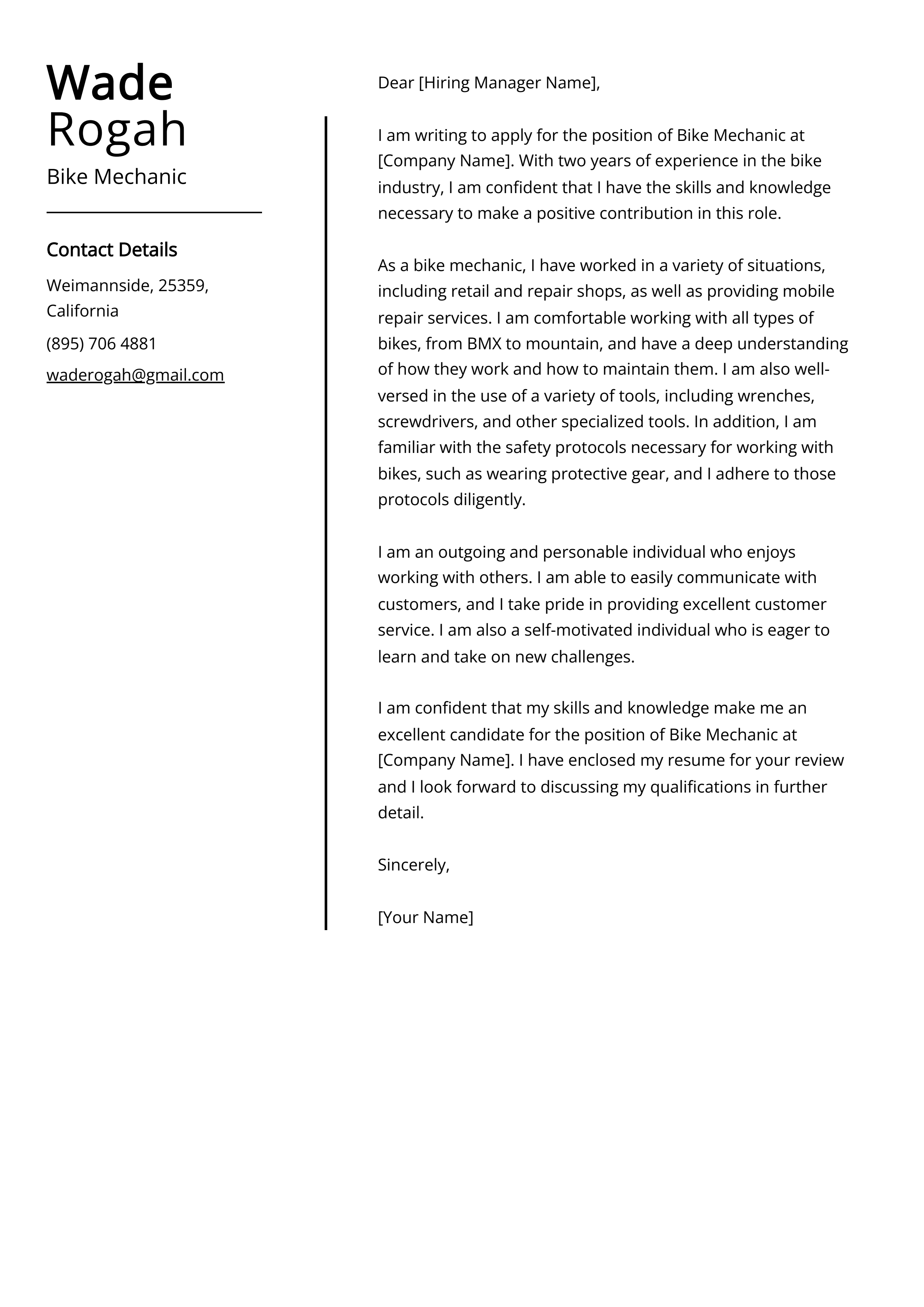 Bike Mechanic Cover Letter Example (Free Guide)