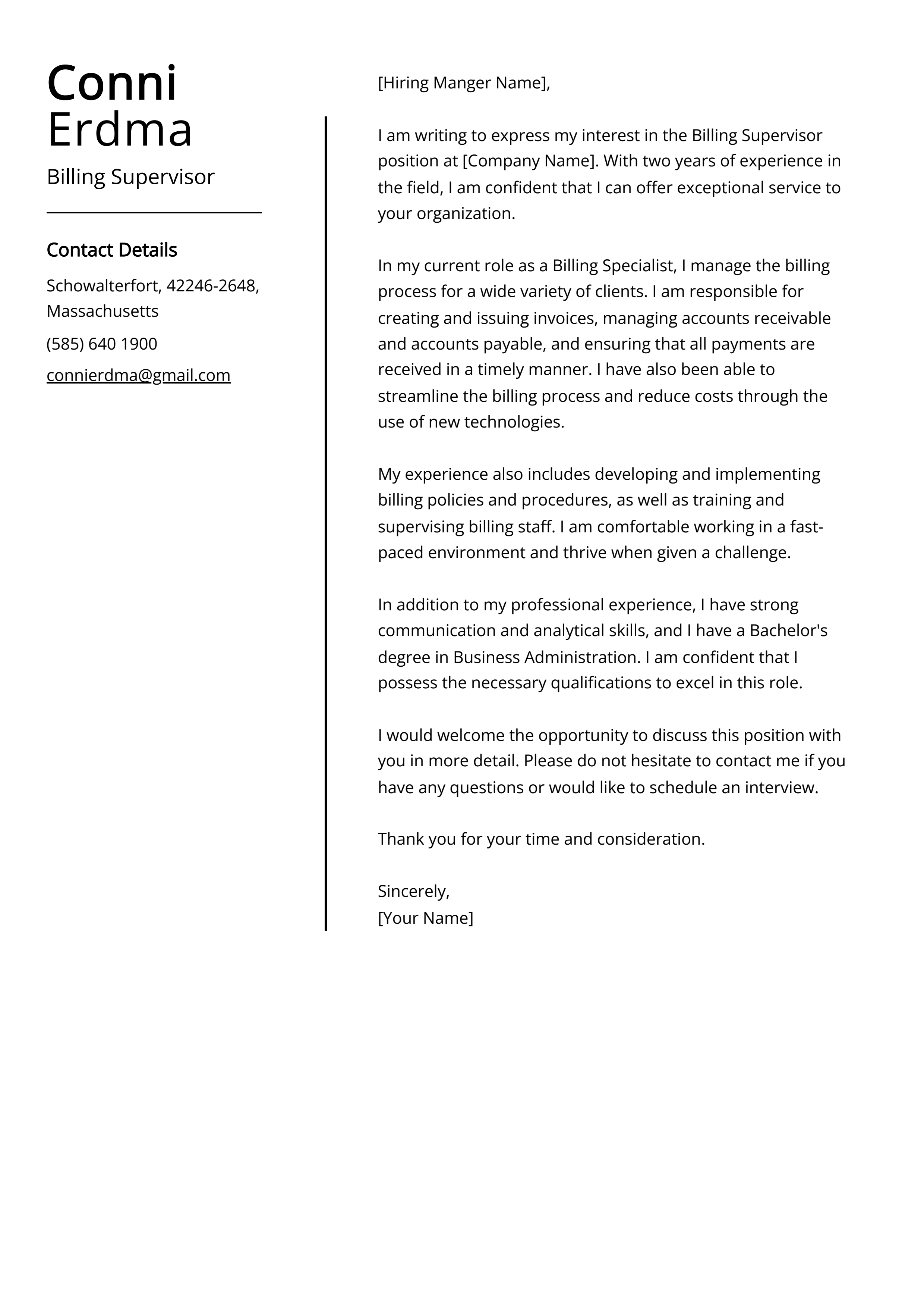 Billing Supervisor Cover Letter Example (Free Guide)