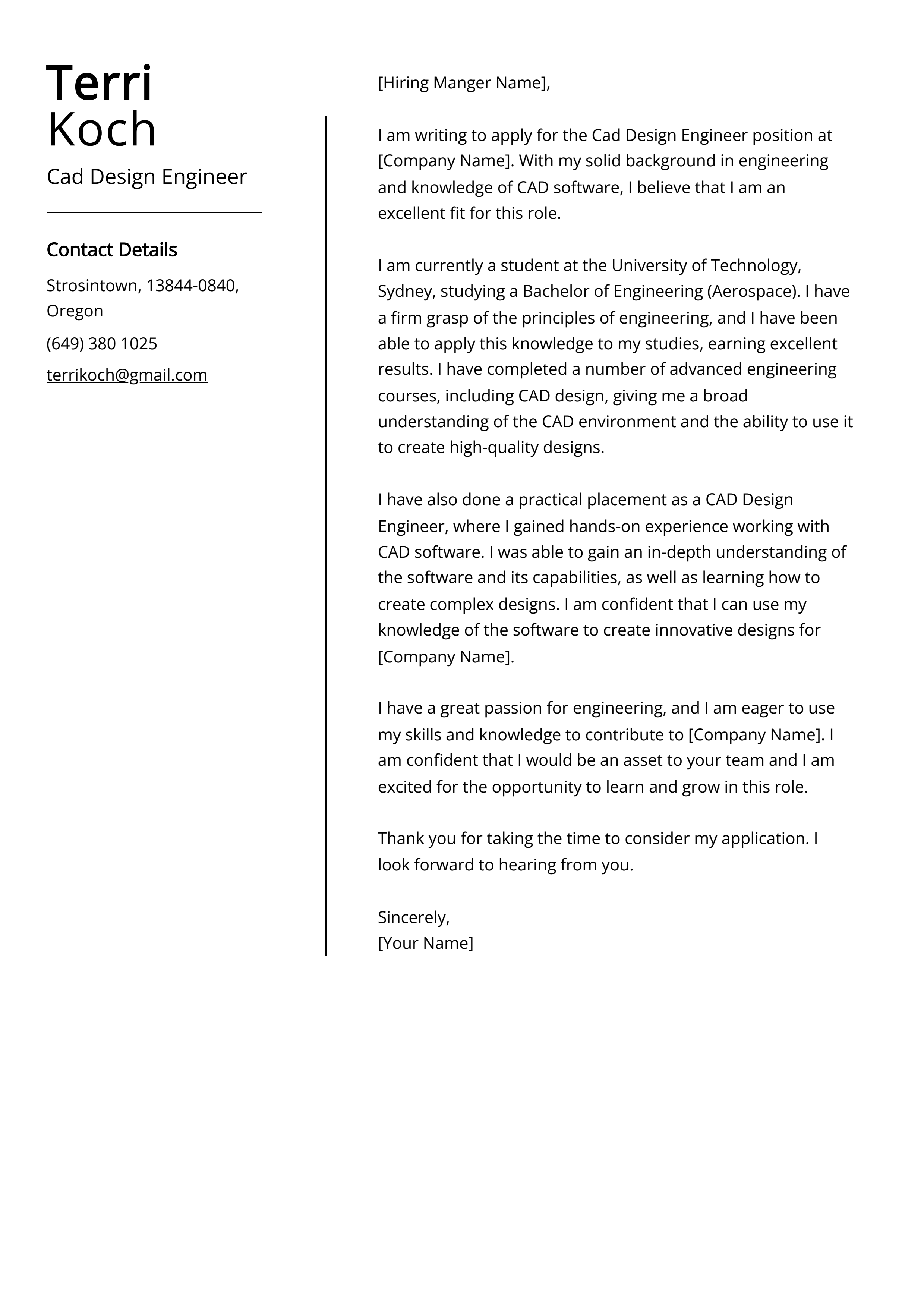 Cad Design Engineer Cover Letter Example (Free Guide)