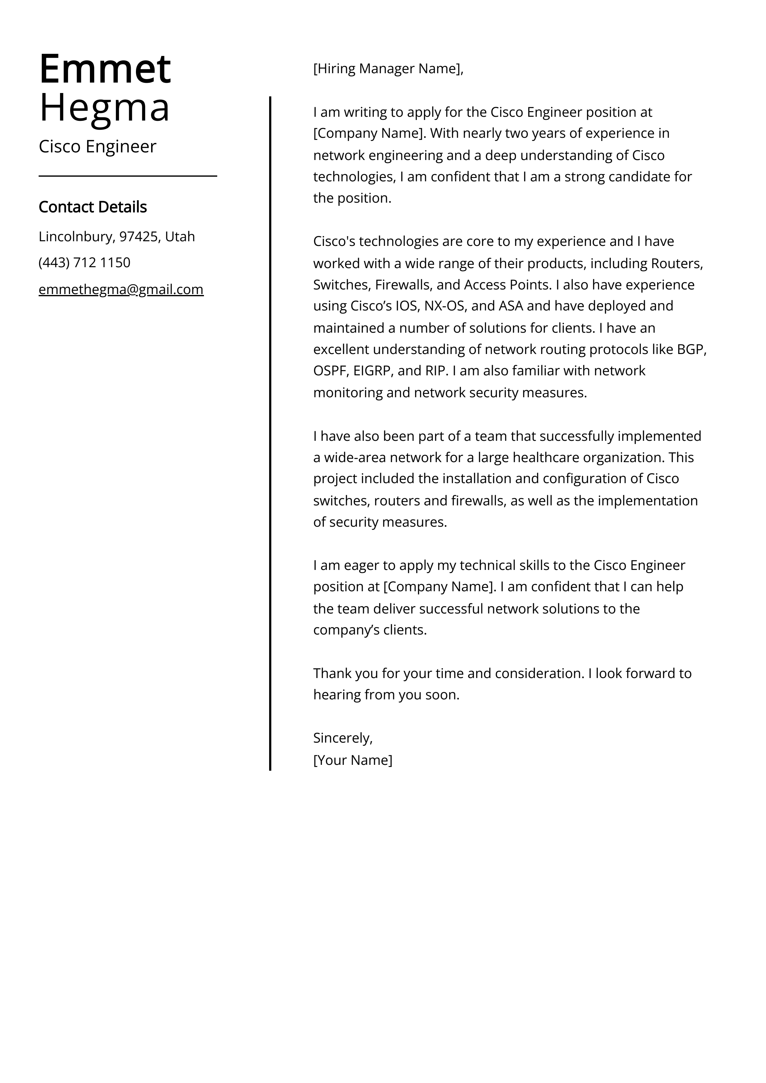 Cisco Engineer Cover Letter Example (Free Guide)