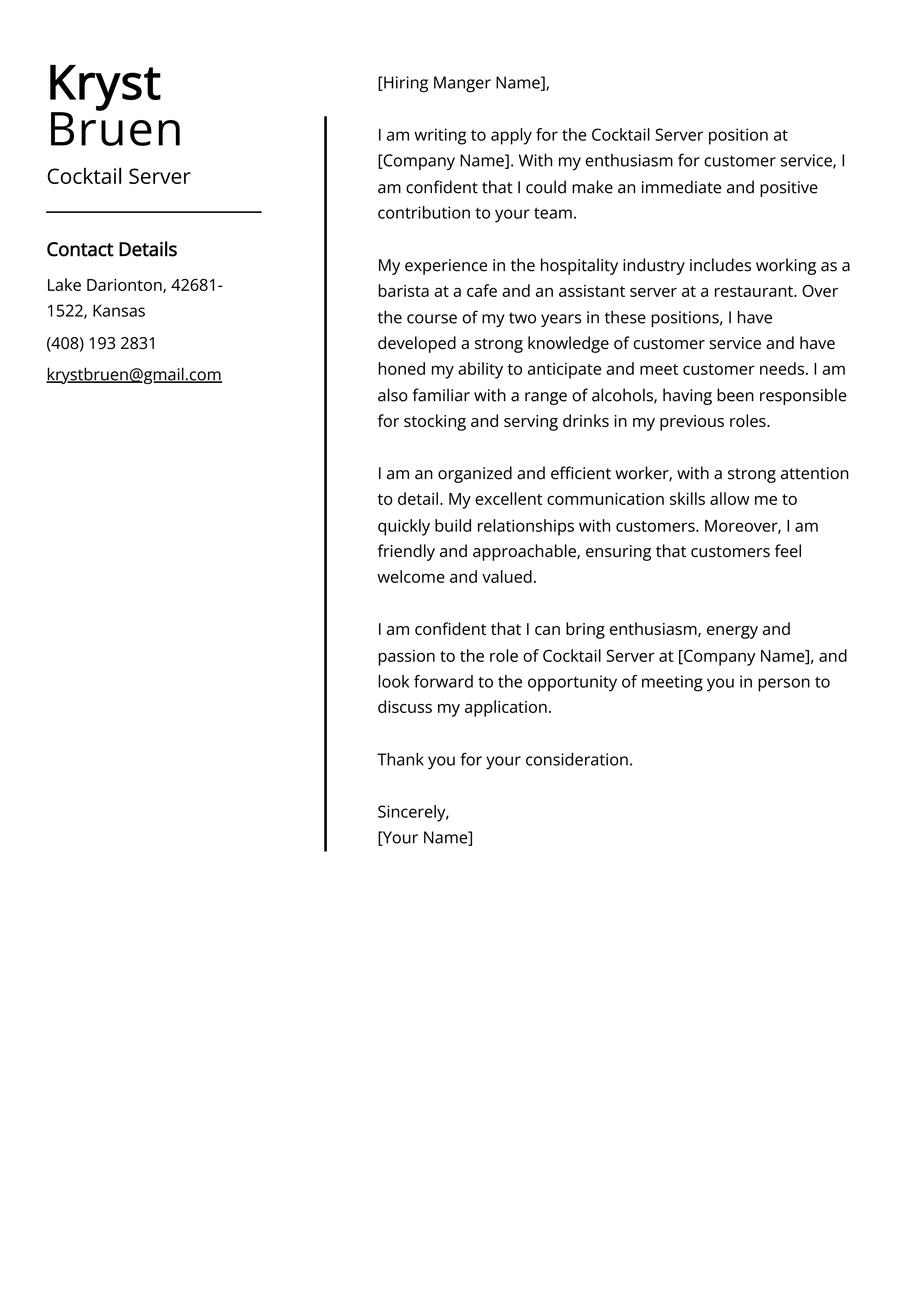 Cocktail Server Cover Letter Example for 2024 (Skills & Templates)