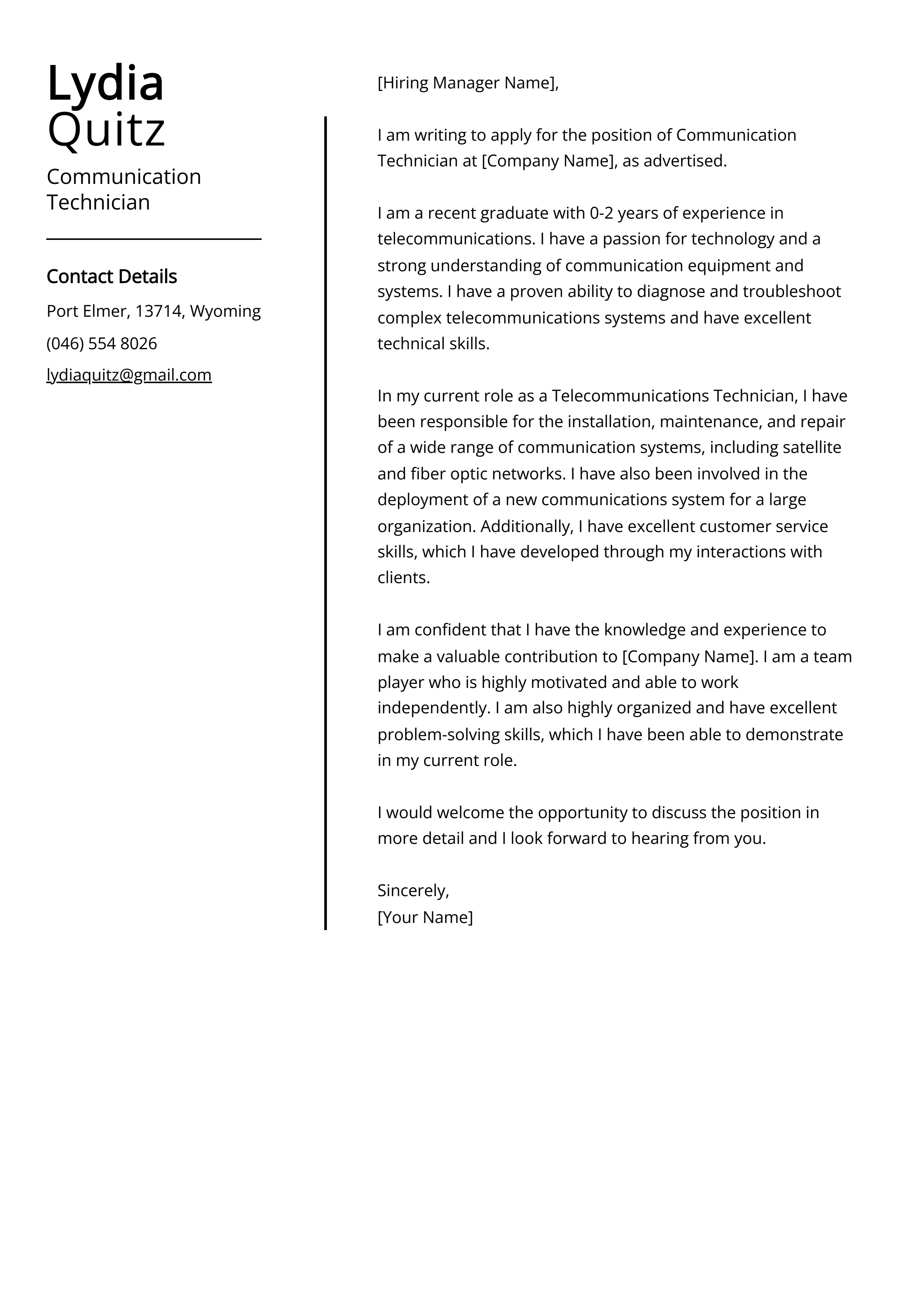 Communication Technician Cover Letter Example for 2023 (Skills & Templates)