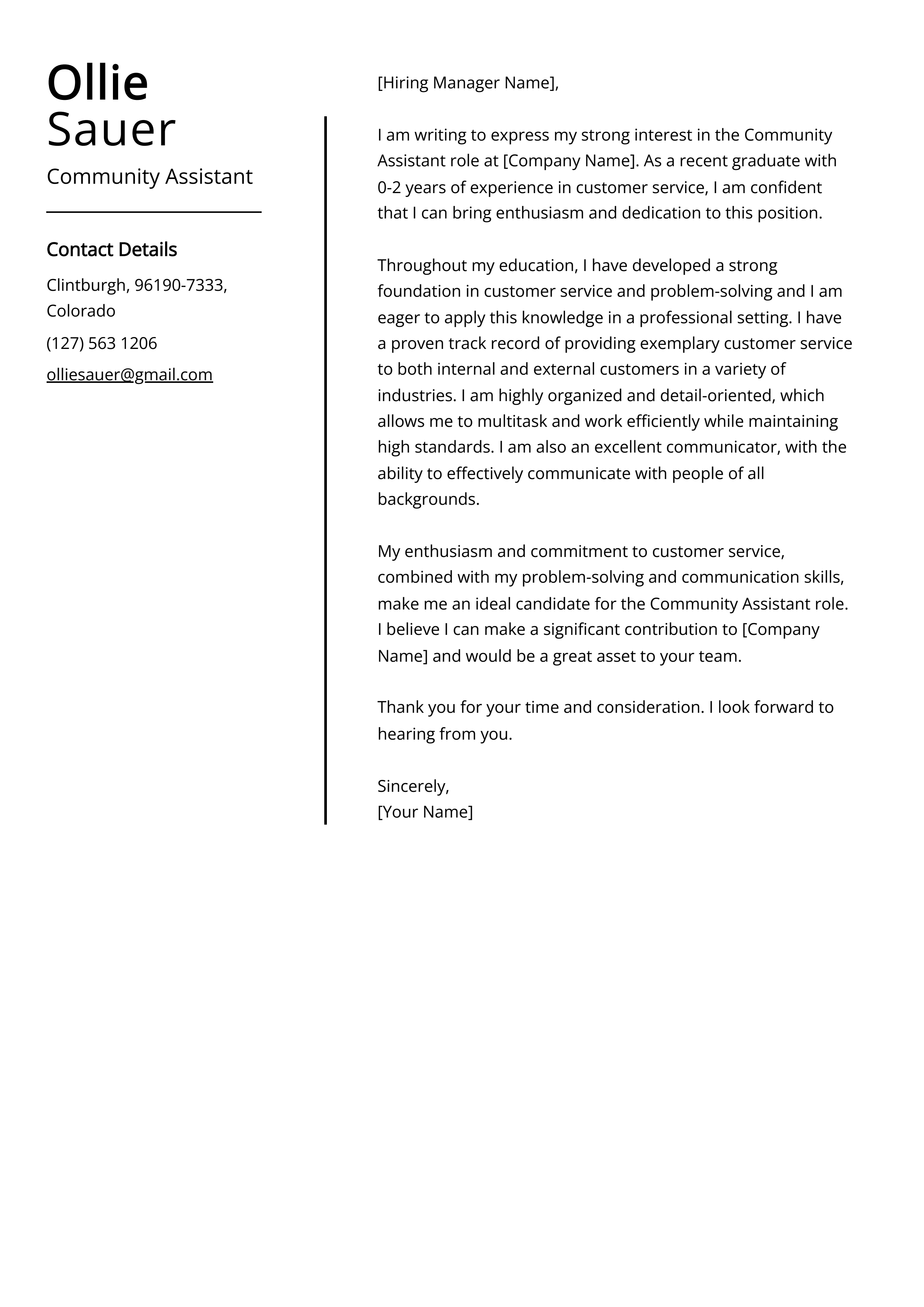 Community Assistant Cover Letter Example for 2023 (Skills & Templates)