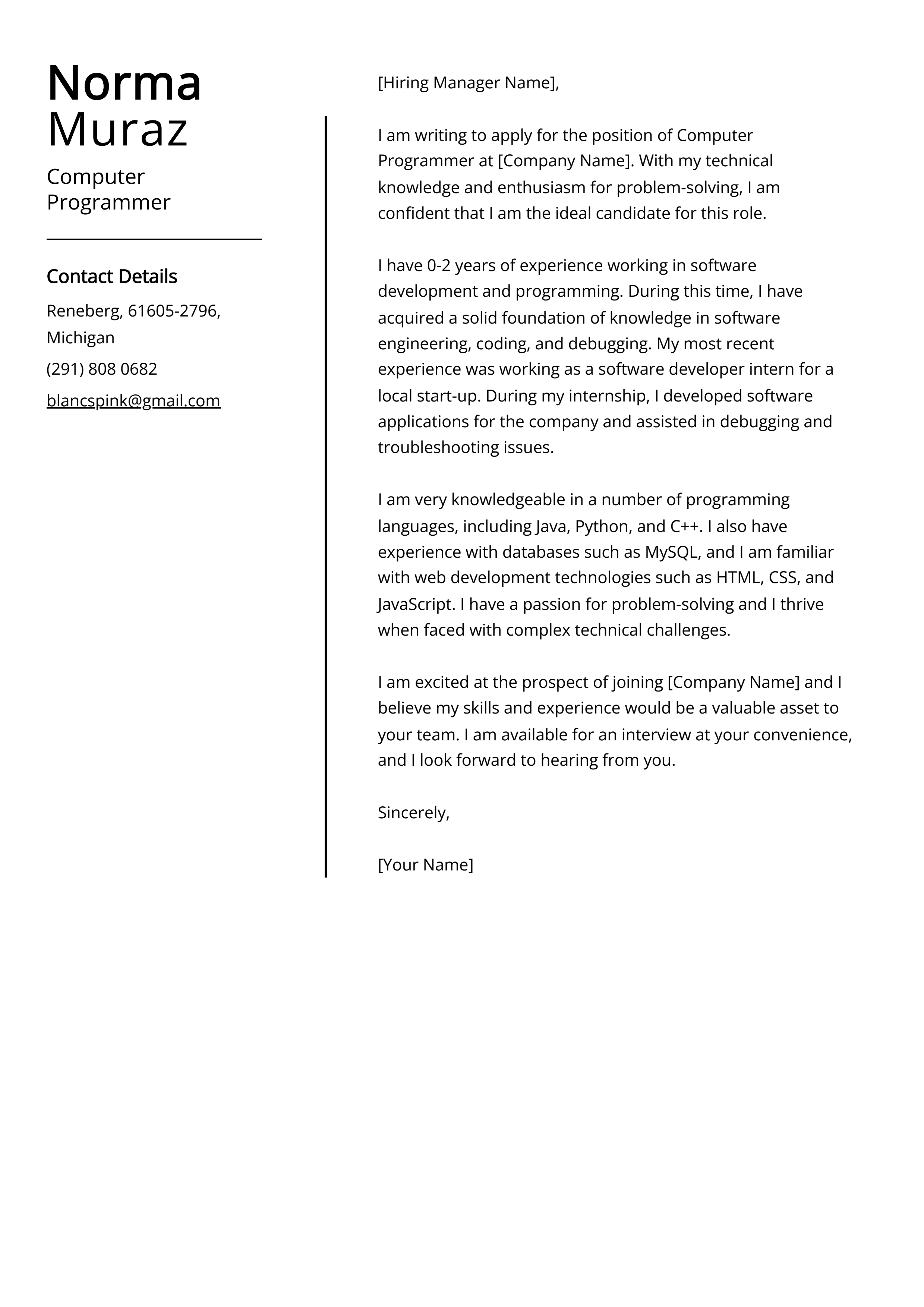 Computer Programmer Cover Letter Example Free Guide 