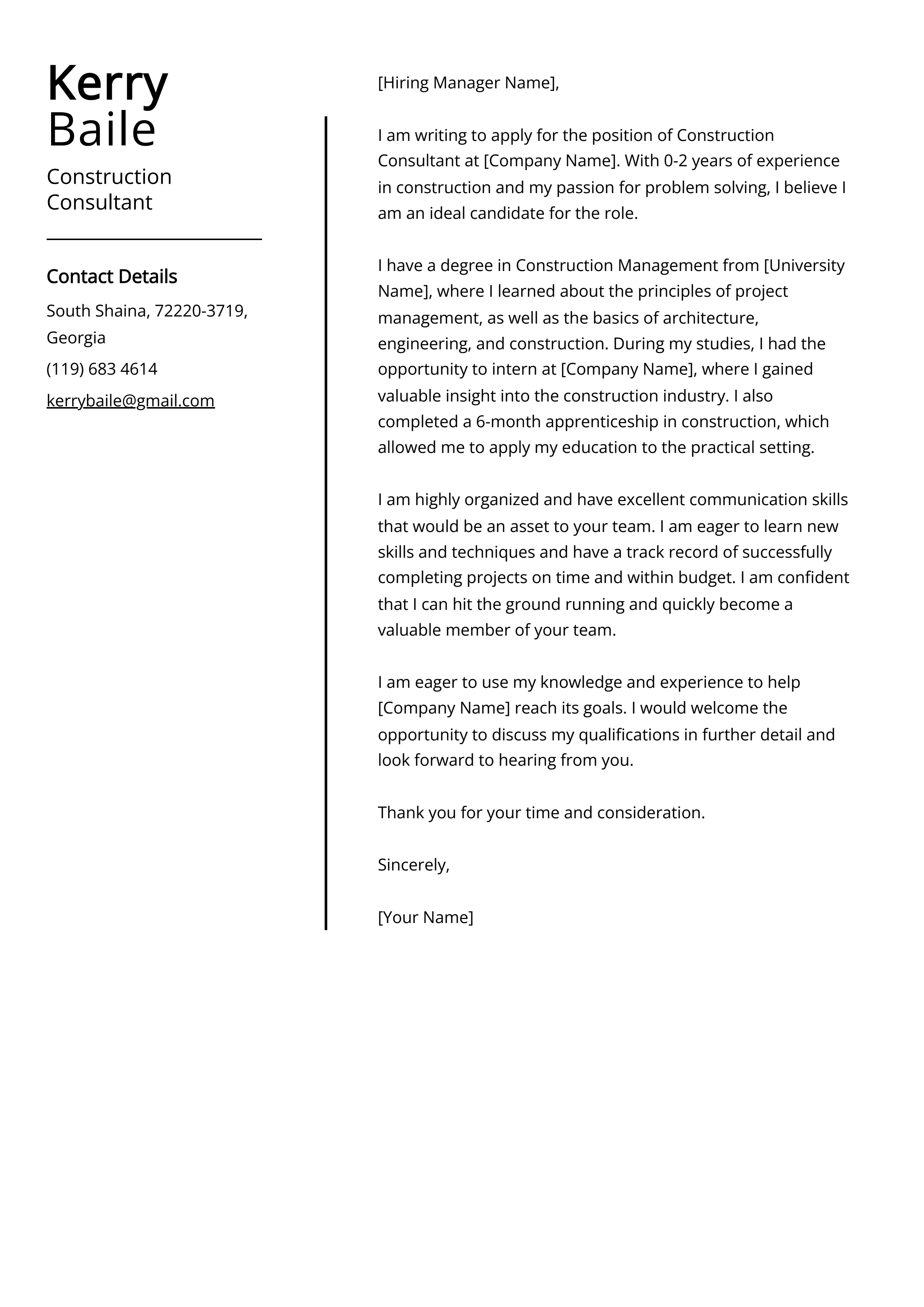 Construction Consultant Cover Letter Example (Free Guide)