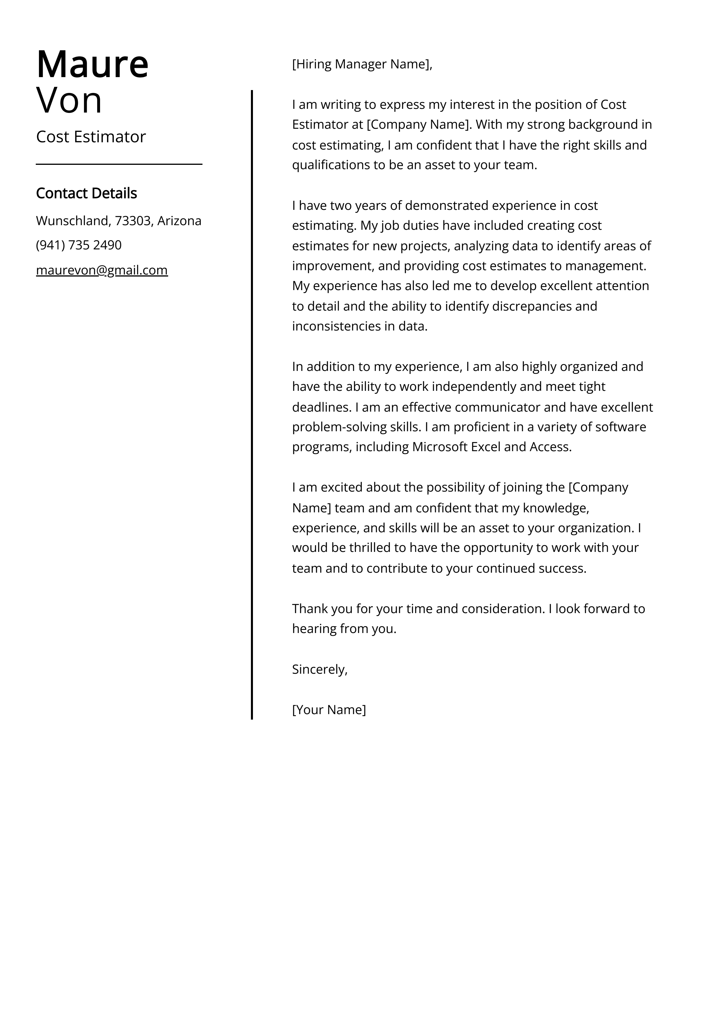 Cost Estimator Cover Letter Example for 2023 (Skills & Templates)