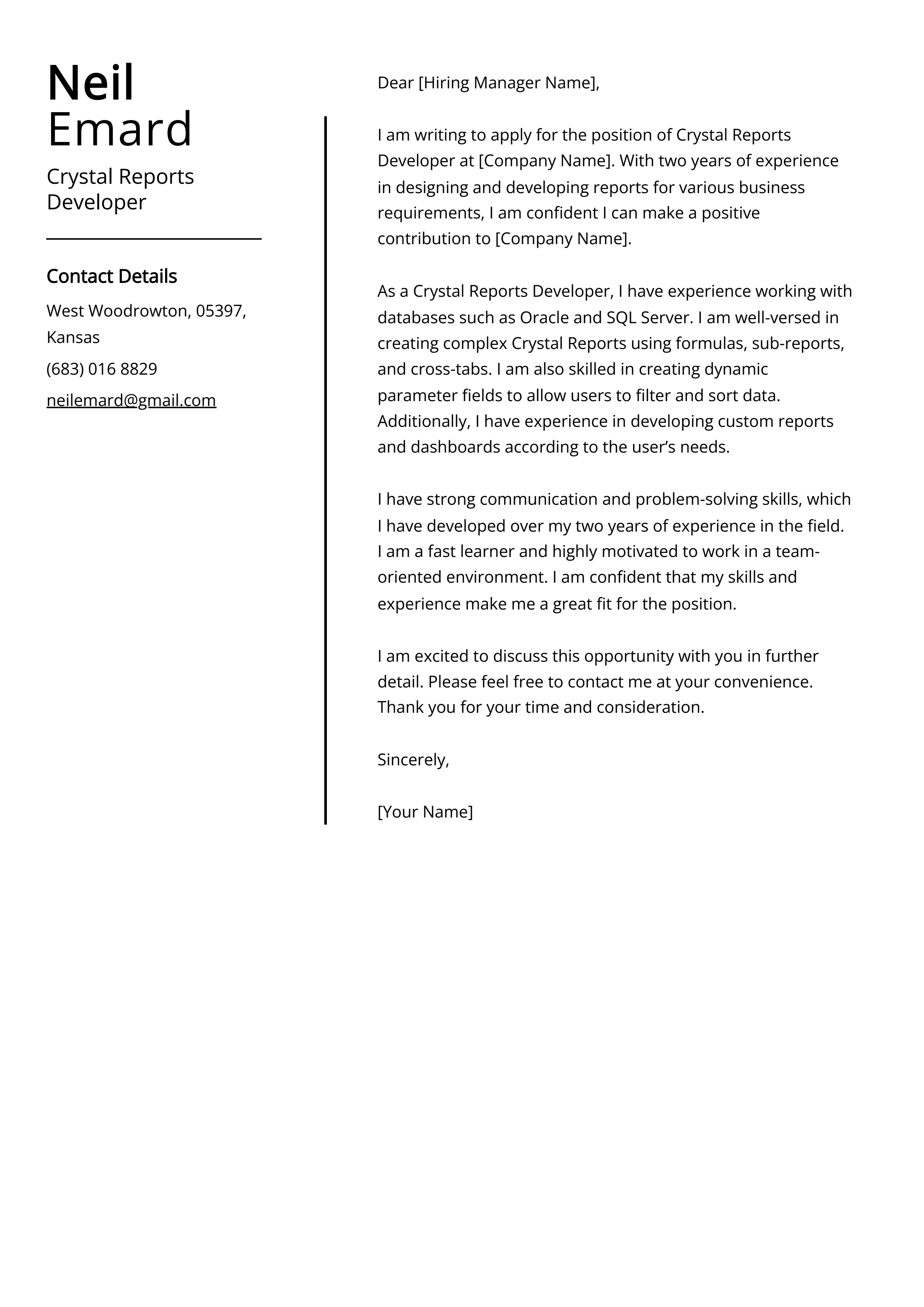 Crystal Reports Developer Cover Letter Example for 2023 (Skills ...