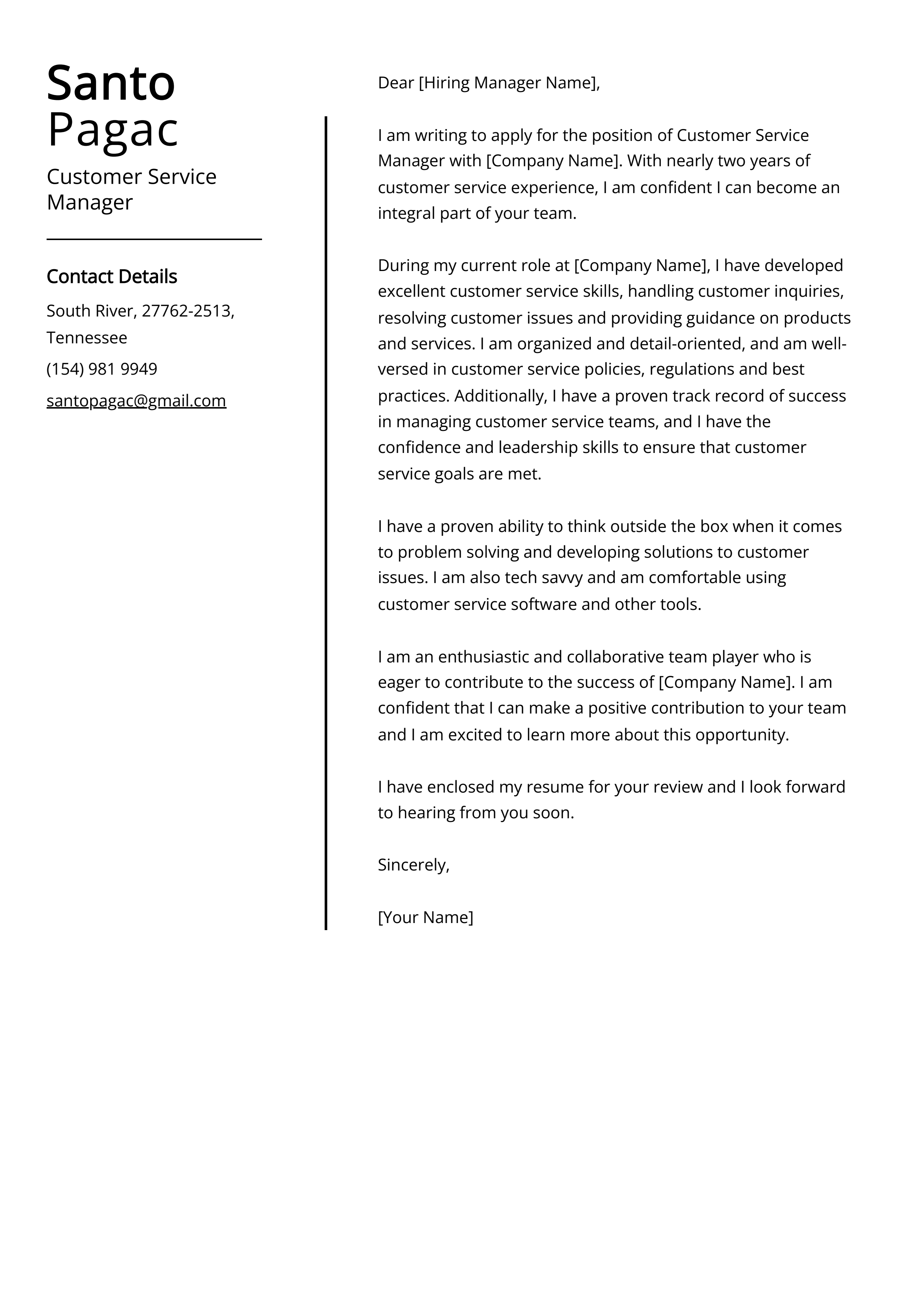 Customer Service Cover Letter Examples