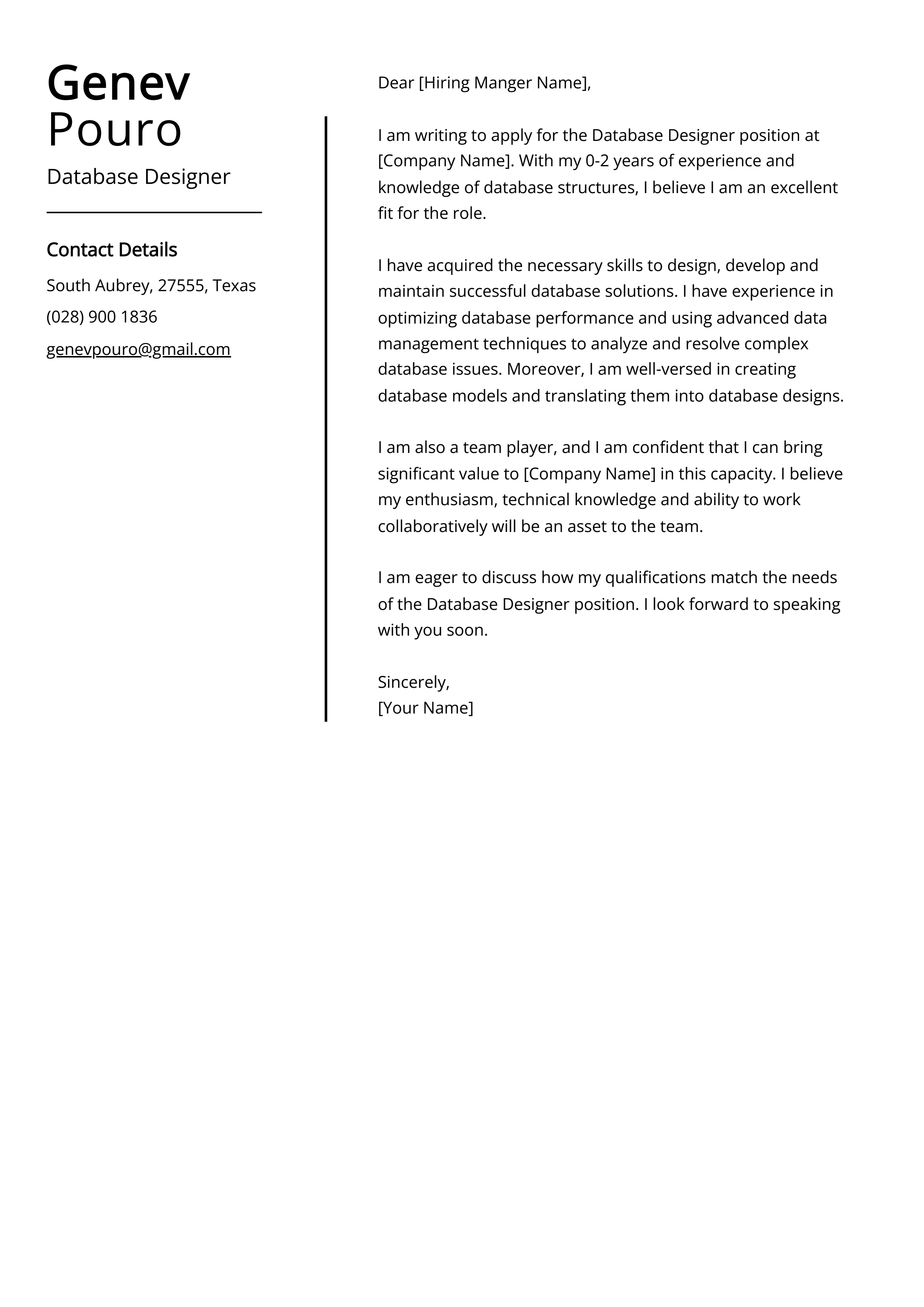 Database Designer Cover Letter Example (Free Guide)