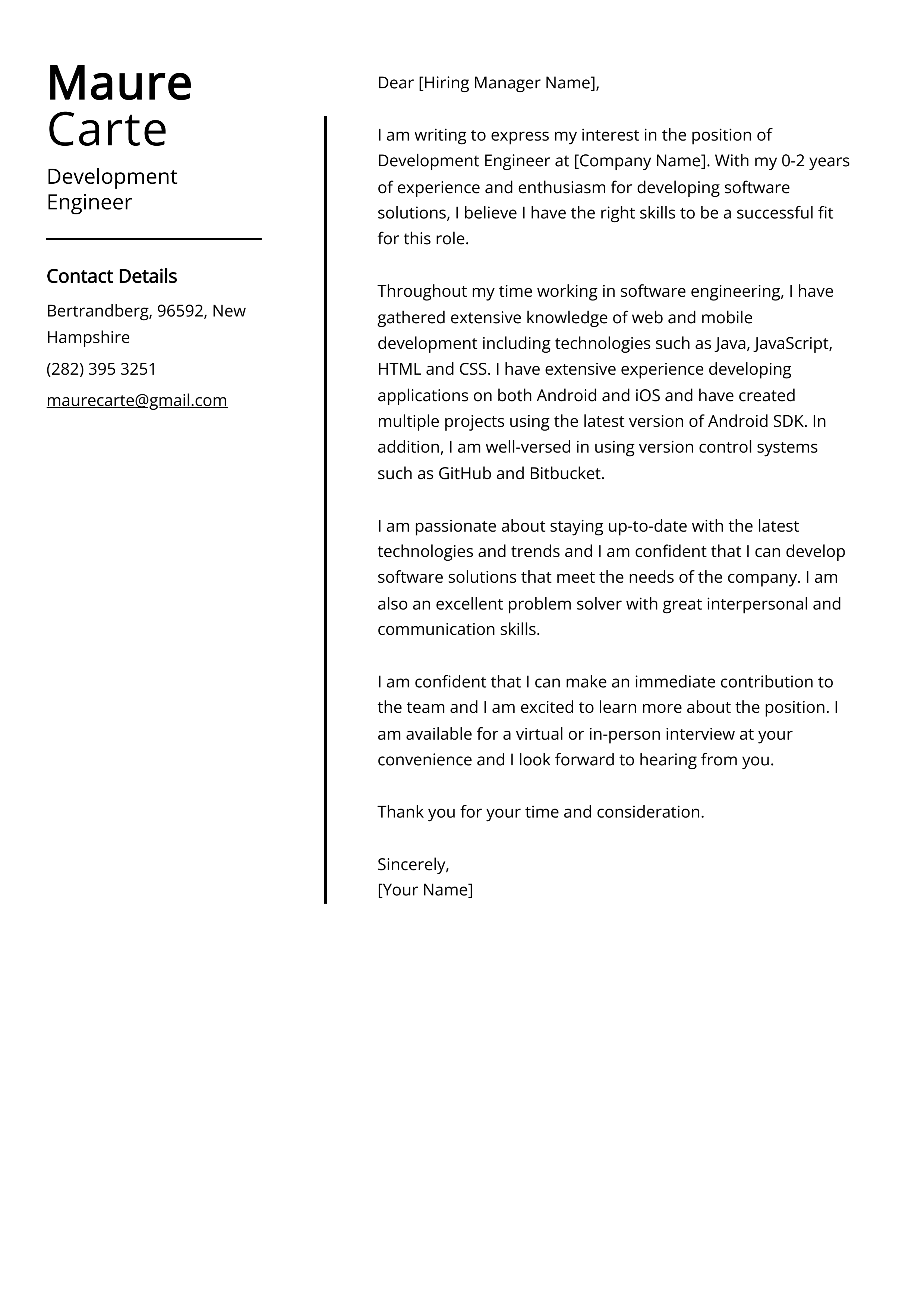 Development Engineer Cover Letter Example for 2023 (Skills & Templates)