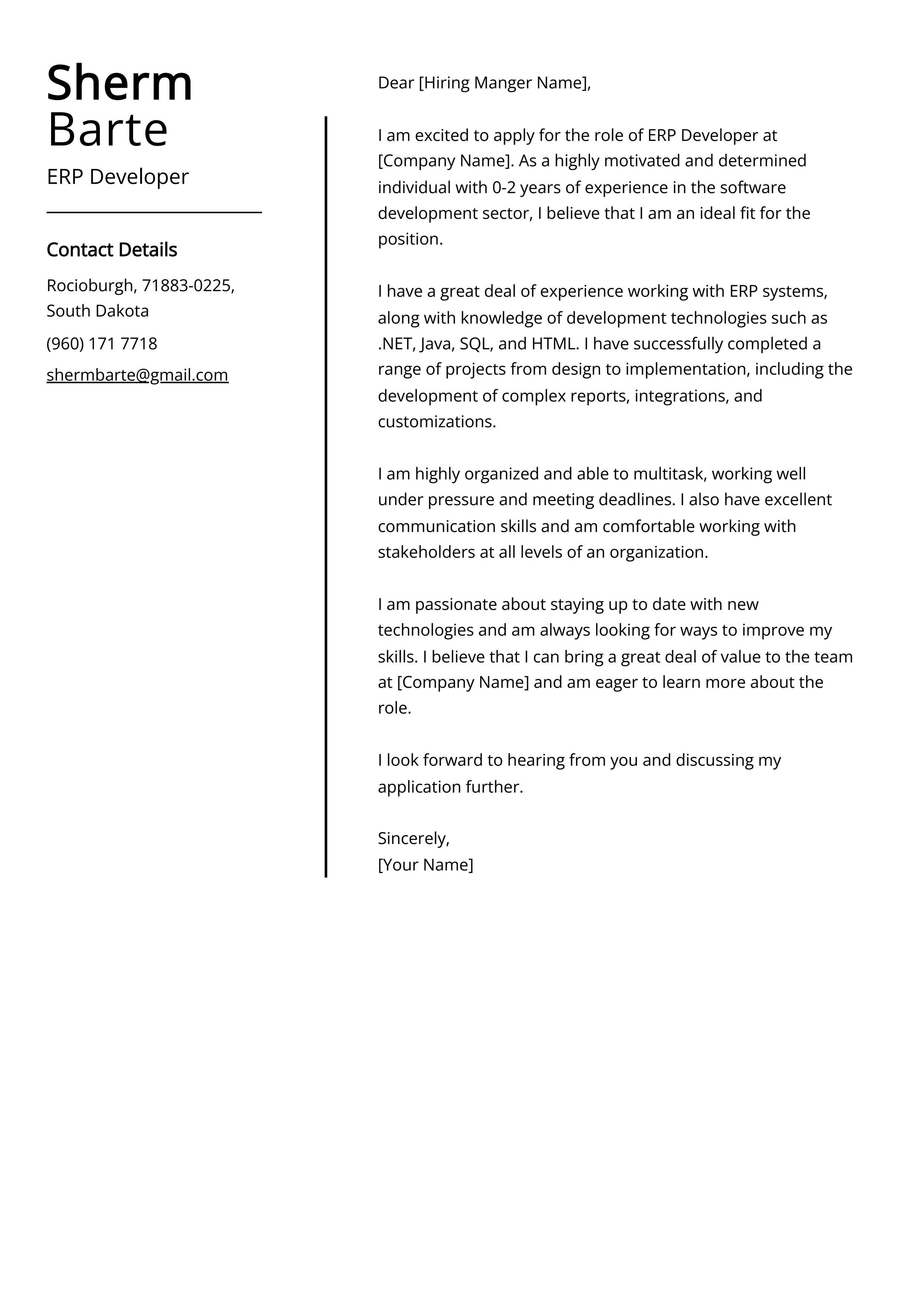 ERP Developer Cover Letter Example (Free Guide)