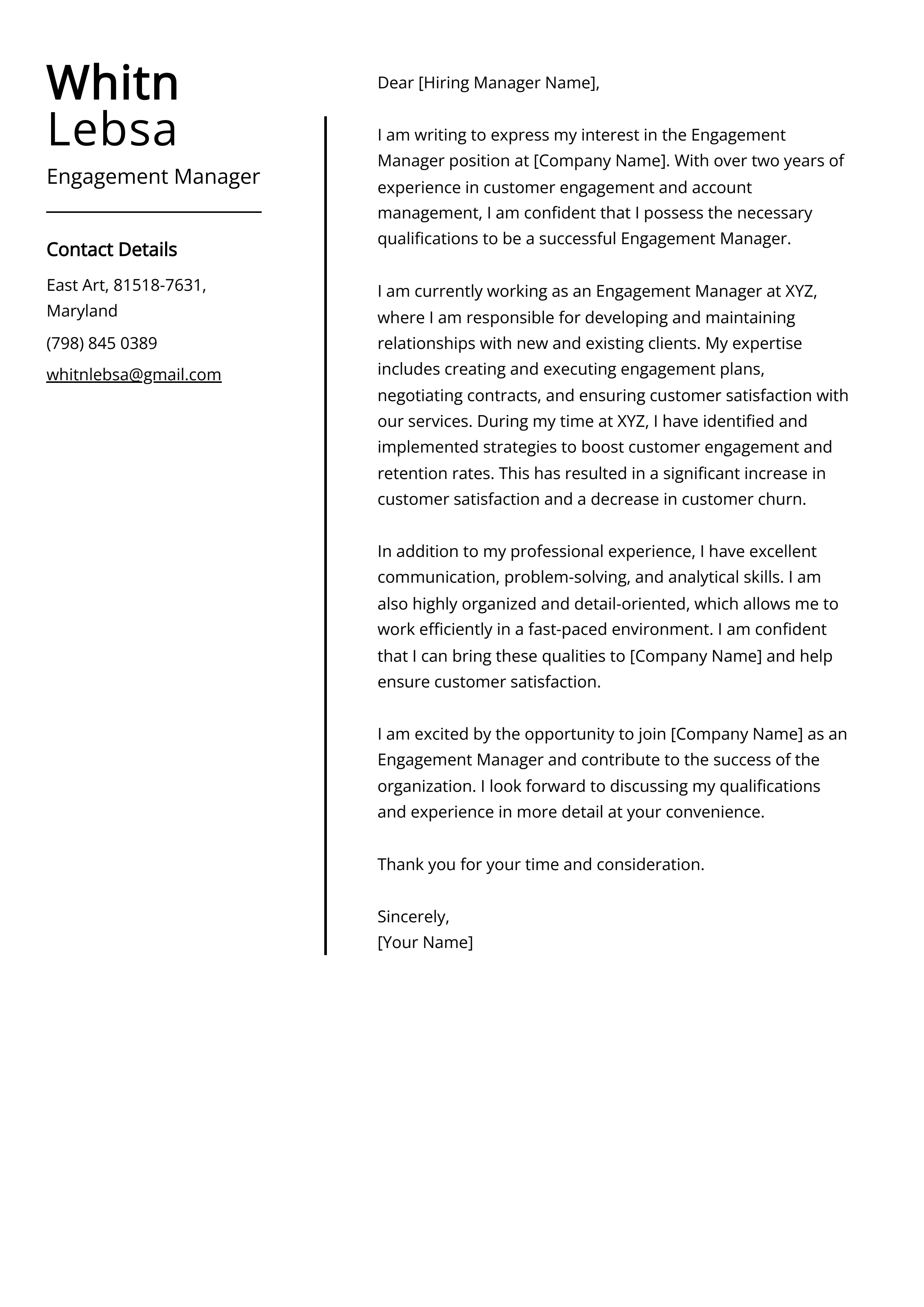 Engagement Manager Cover Letter Example for 2023 (Skills & Templates)