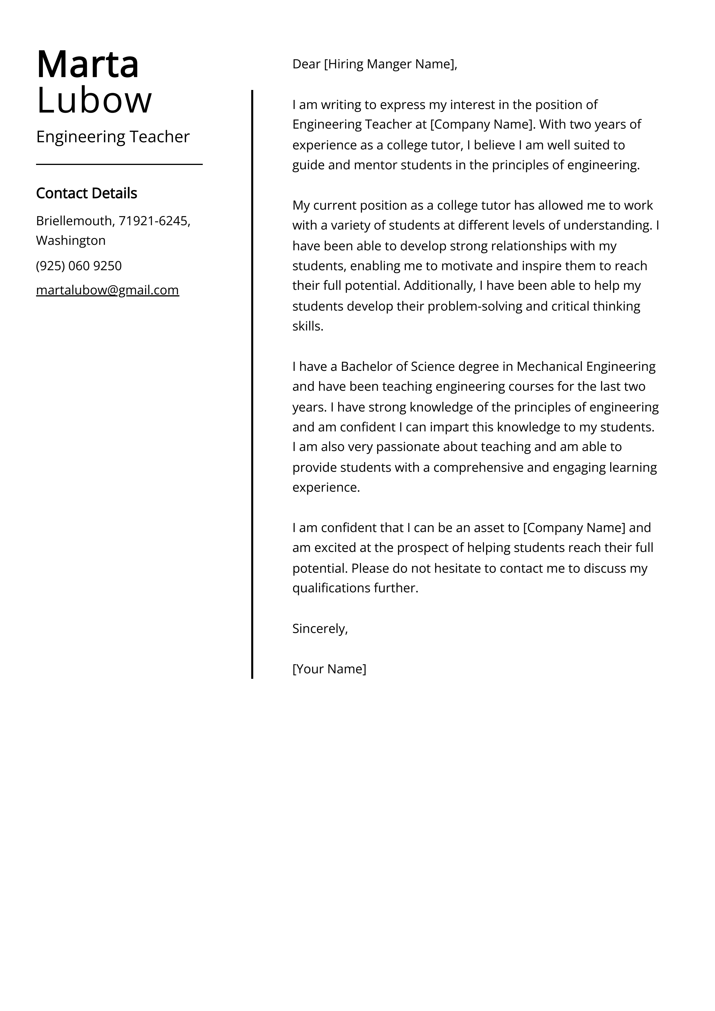 Engineering Teacher Cover Letter Example (Free Guide)