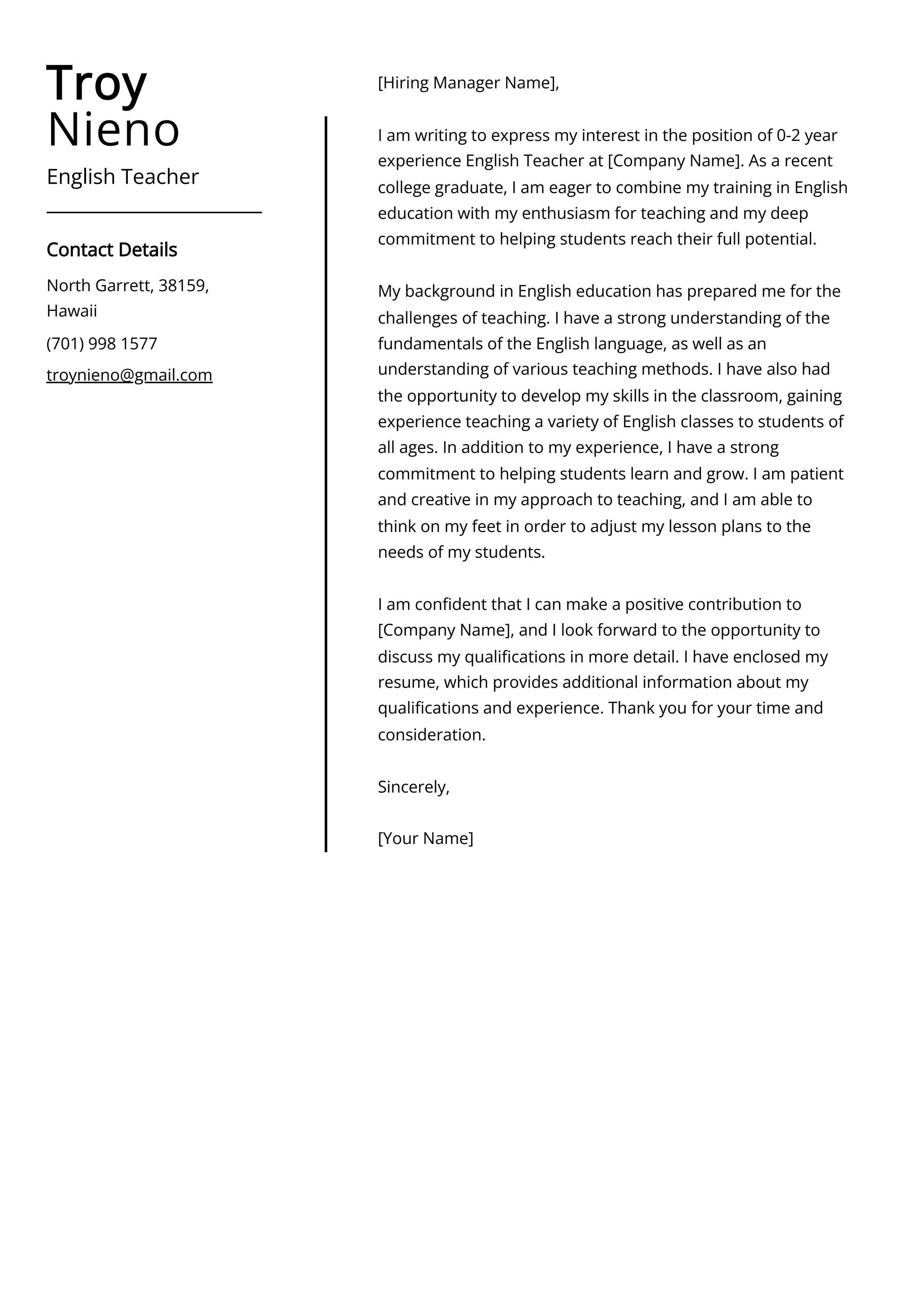 English Teacher Cover Letter Example Free Guide 