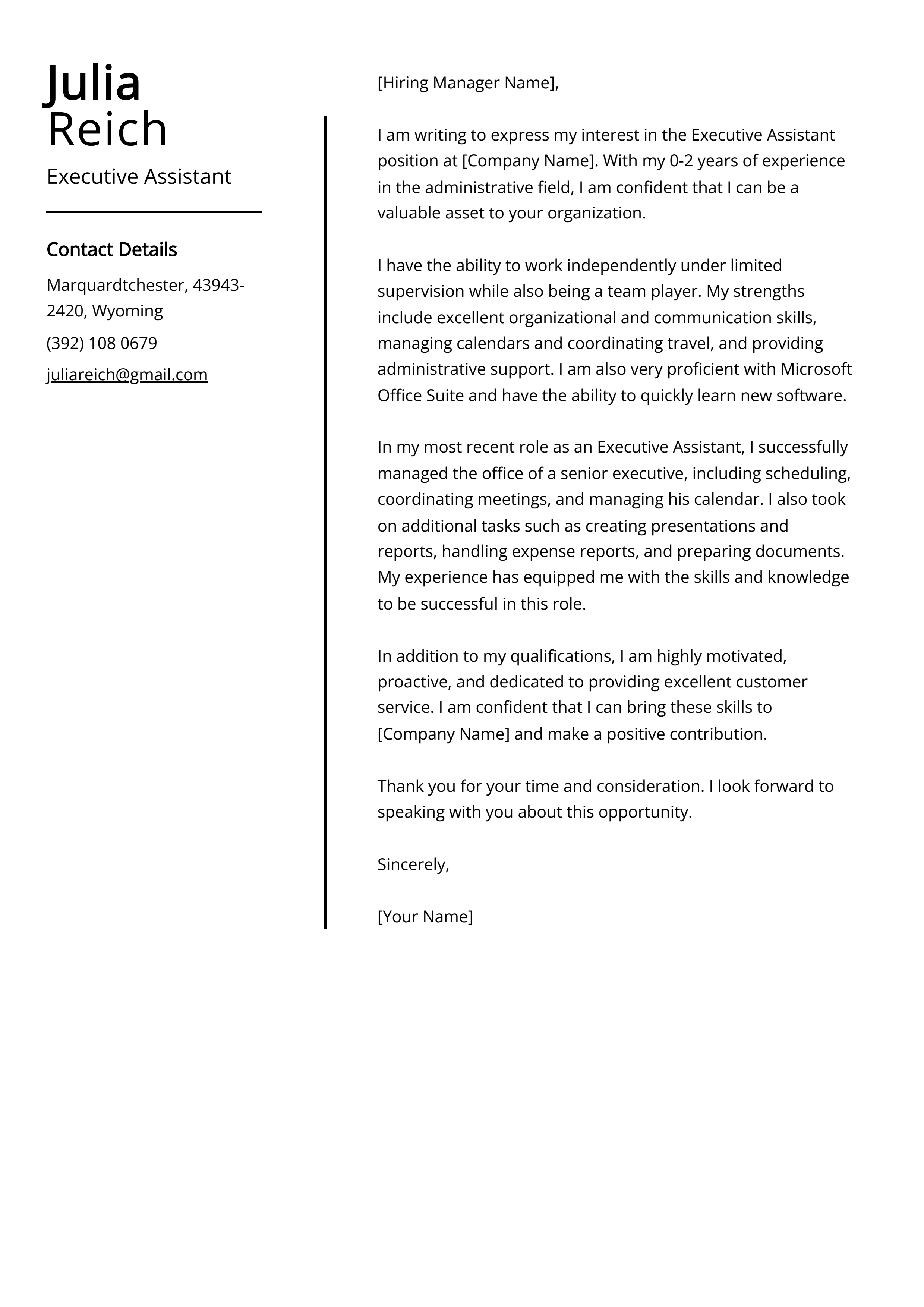 Executive Assistant Cover Letter Example for 2023 (Skills & Templates) Executive Assistant Cover Letter Example for 2023 (Skills & Templates)