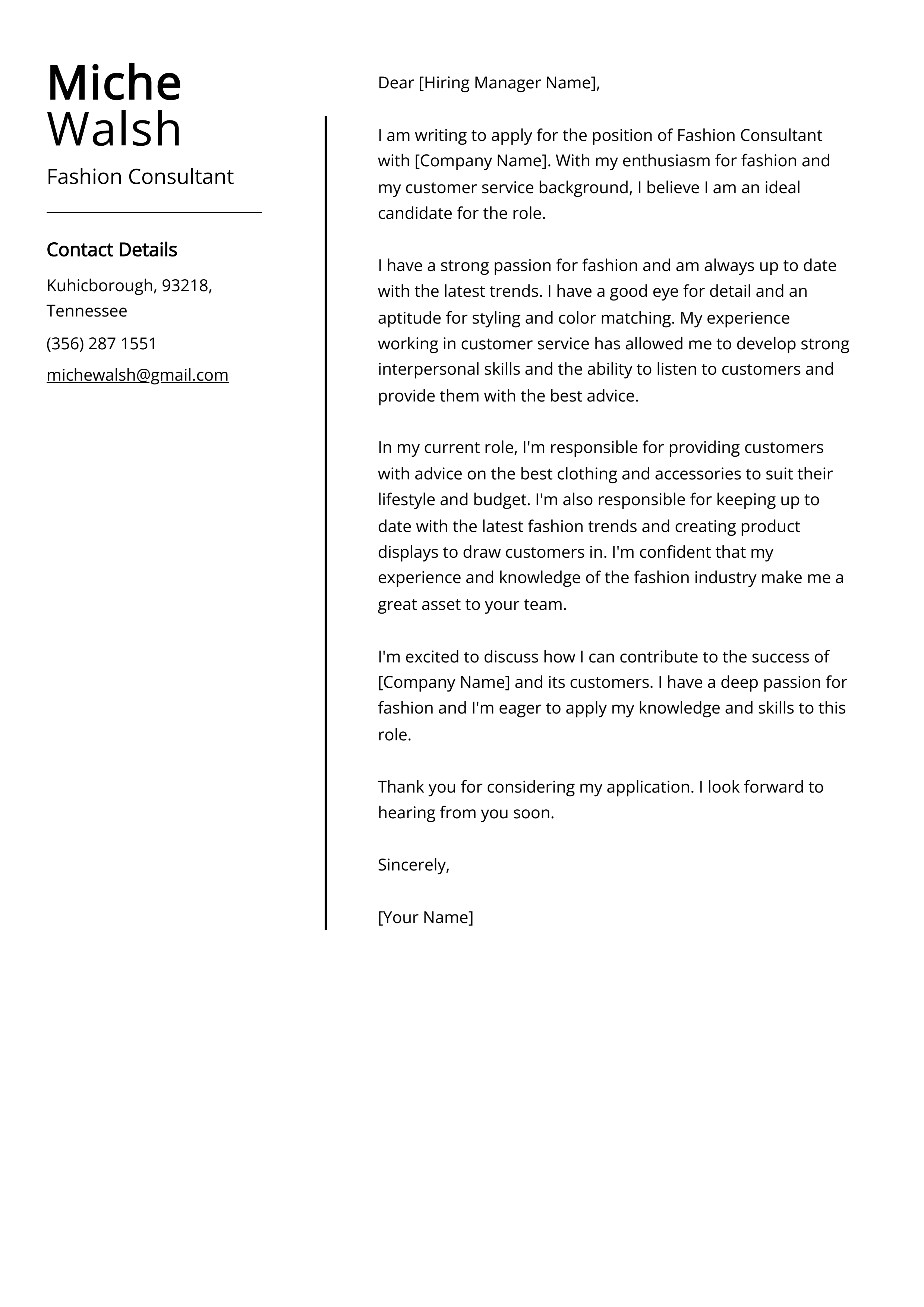 Fashion Consultant Cover Letter Example (Free Guide)