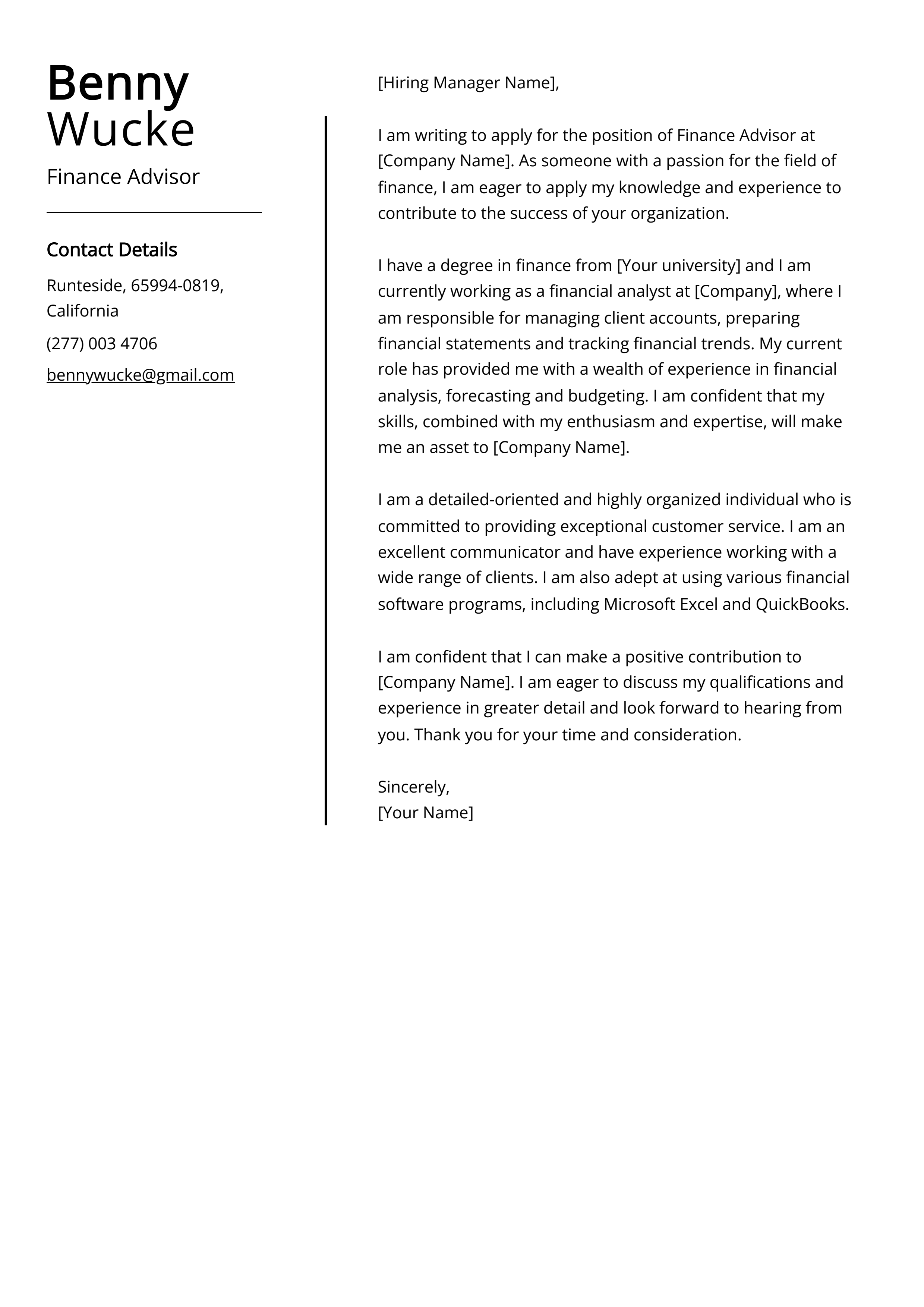 Finance Advisor Cover Letter Example (Free Guide)