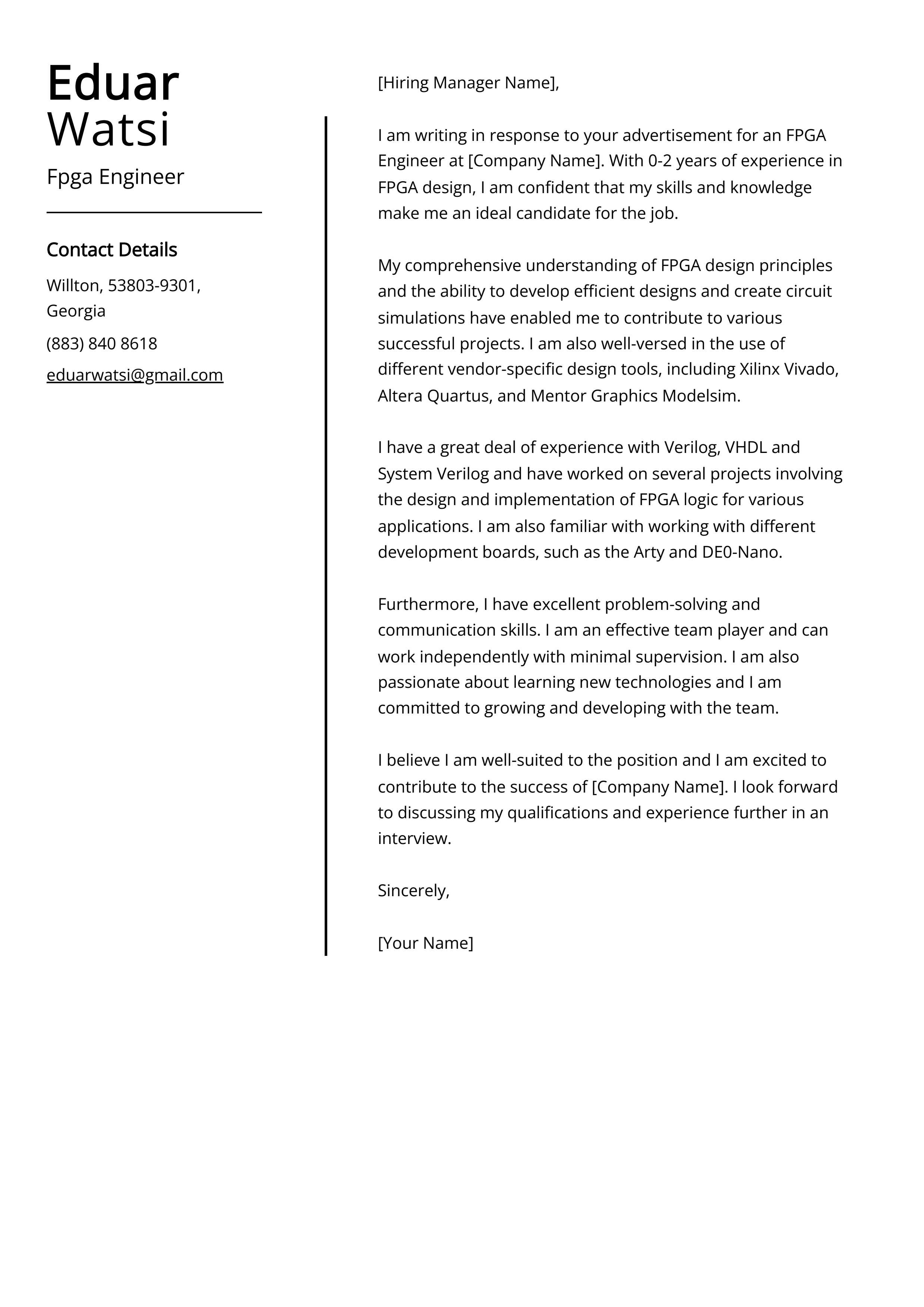 Fpga Engineer Cover Letter Example (Free Guide)