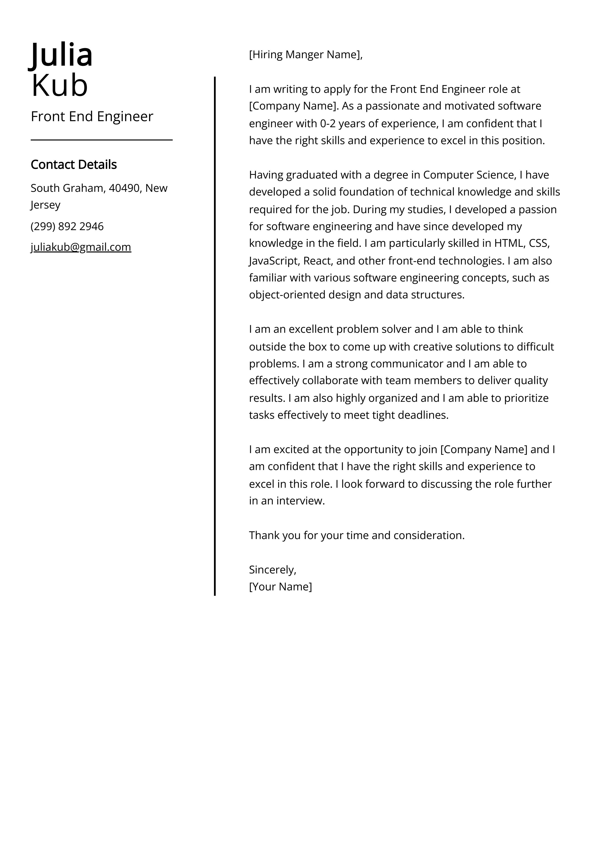 Front End Engineer Cover Letter Example (Free Guide)