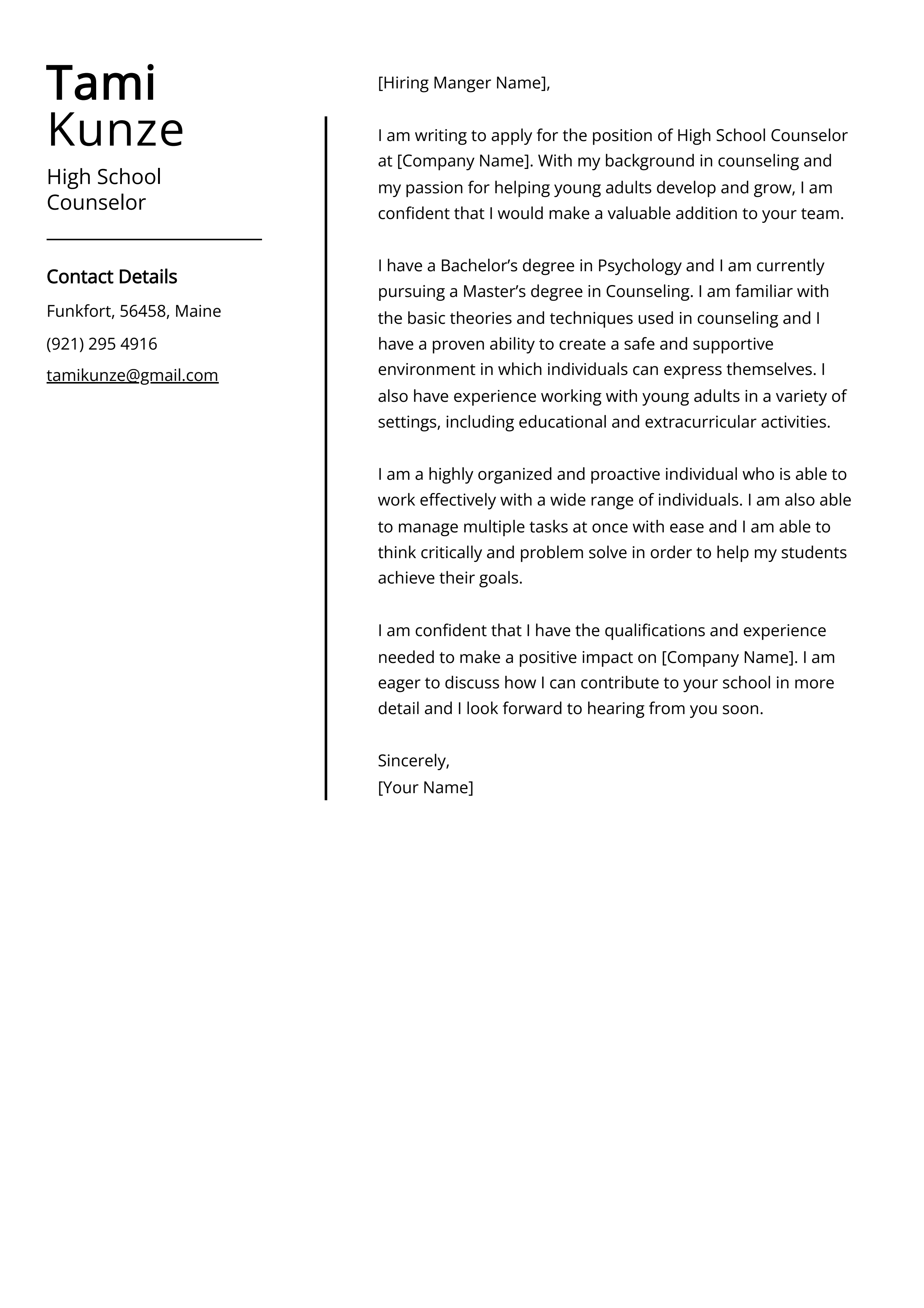 High School Student Cover Letter Sample