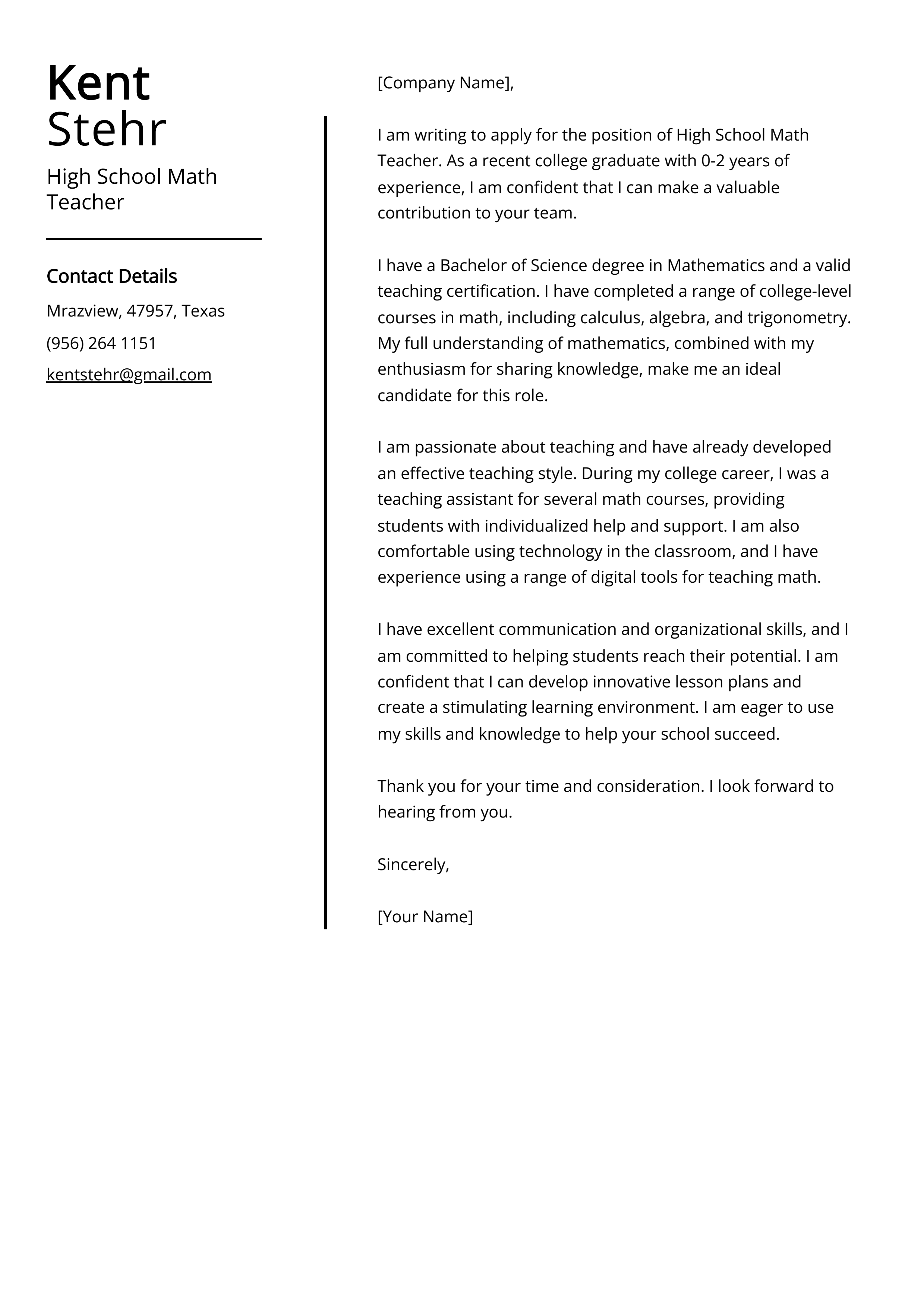 High School Math Teacher Cover Letter Sample Guide Entry Level
