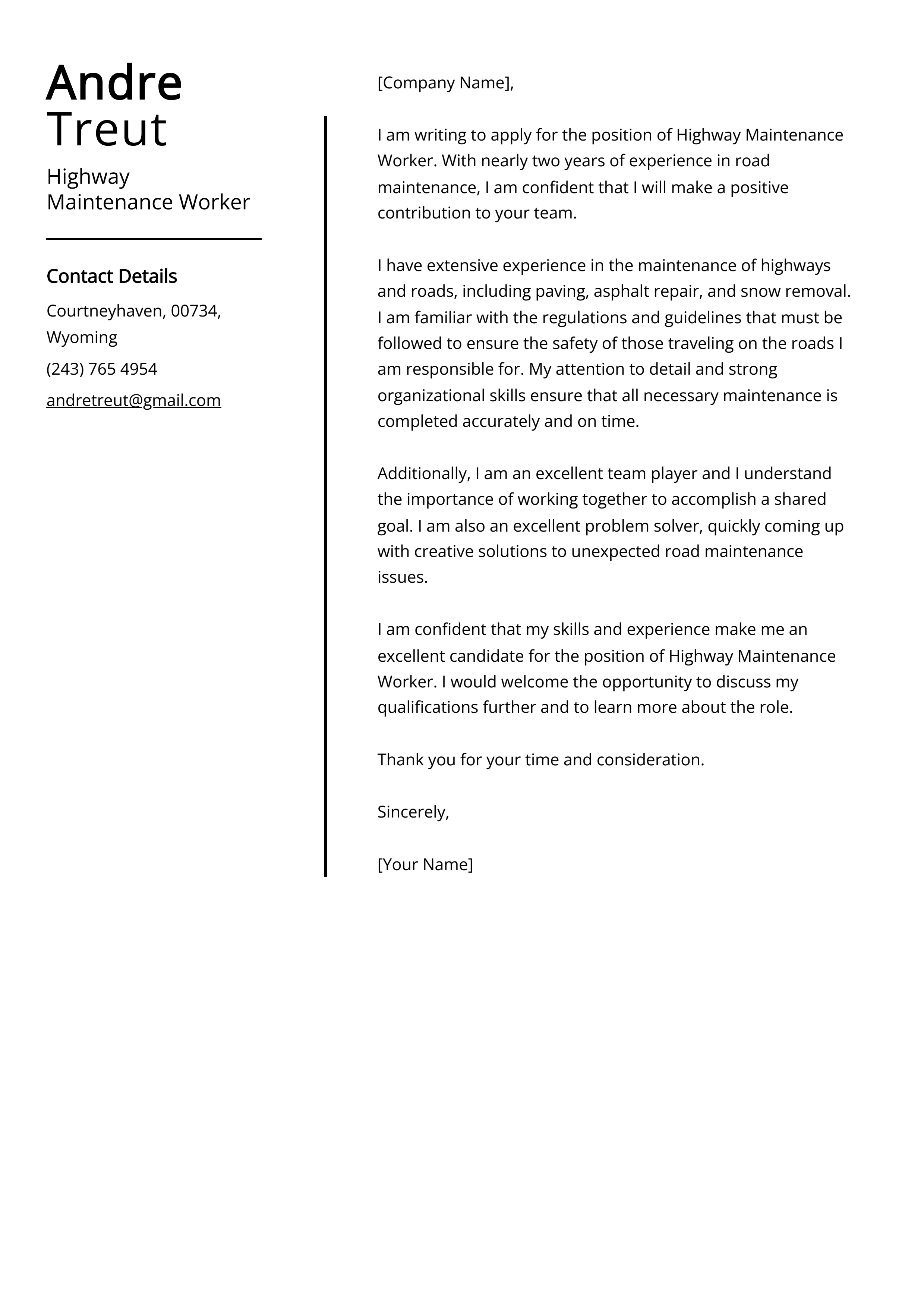 Highway Maintenance Worker Cover Letter Sample Guide Entry Level
