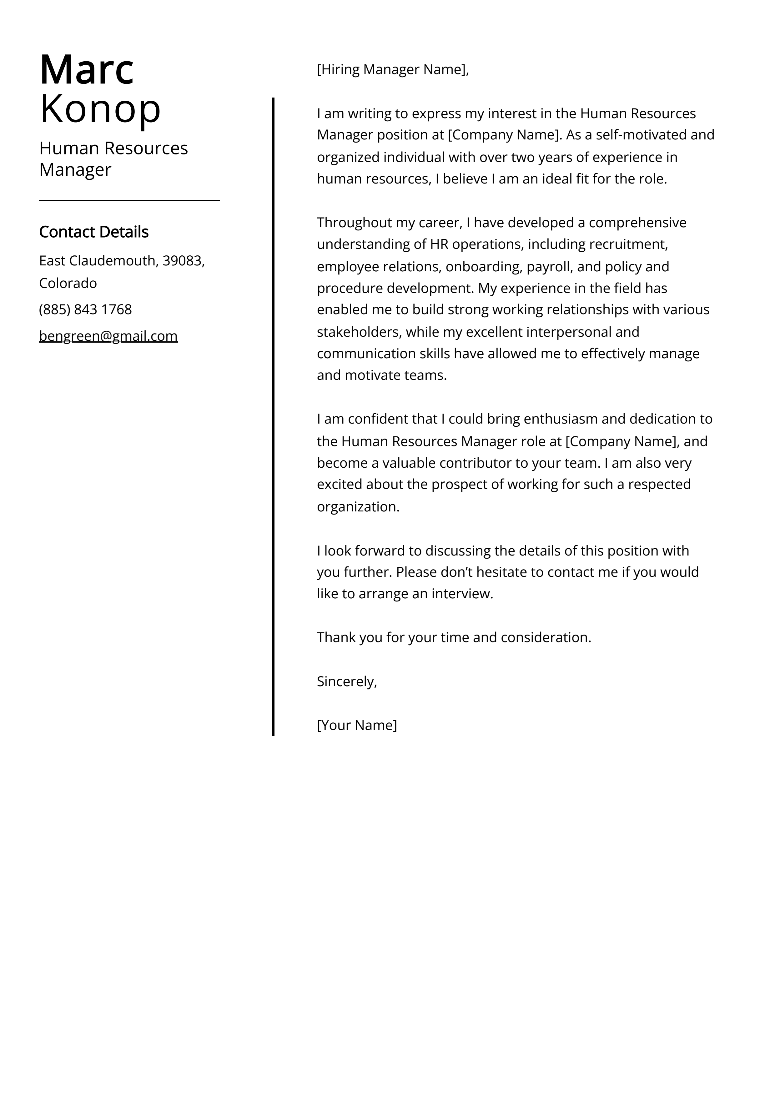 Human Resources Manager Cover Letter Example Free Guide 