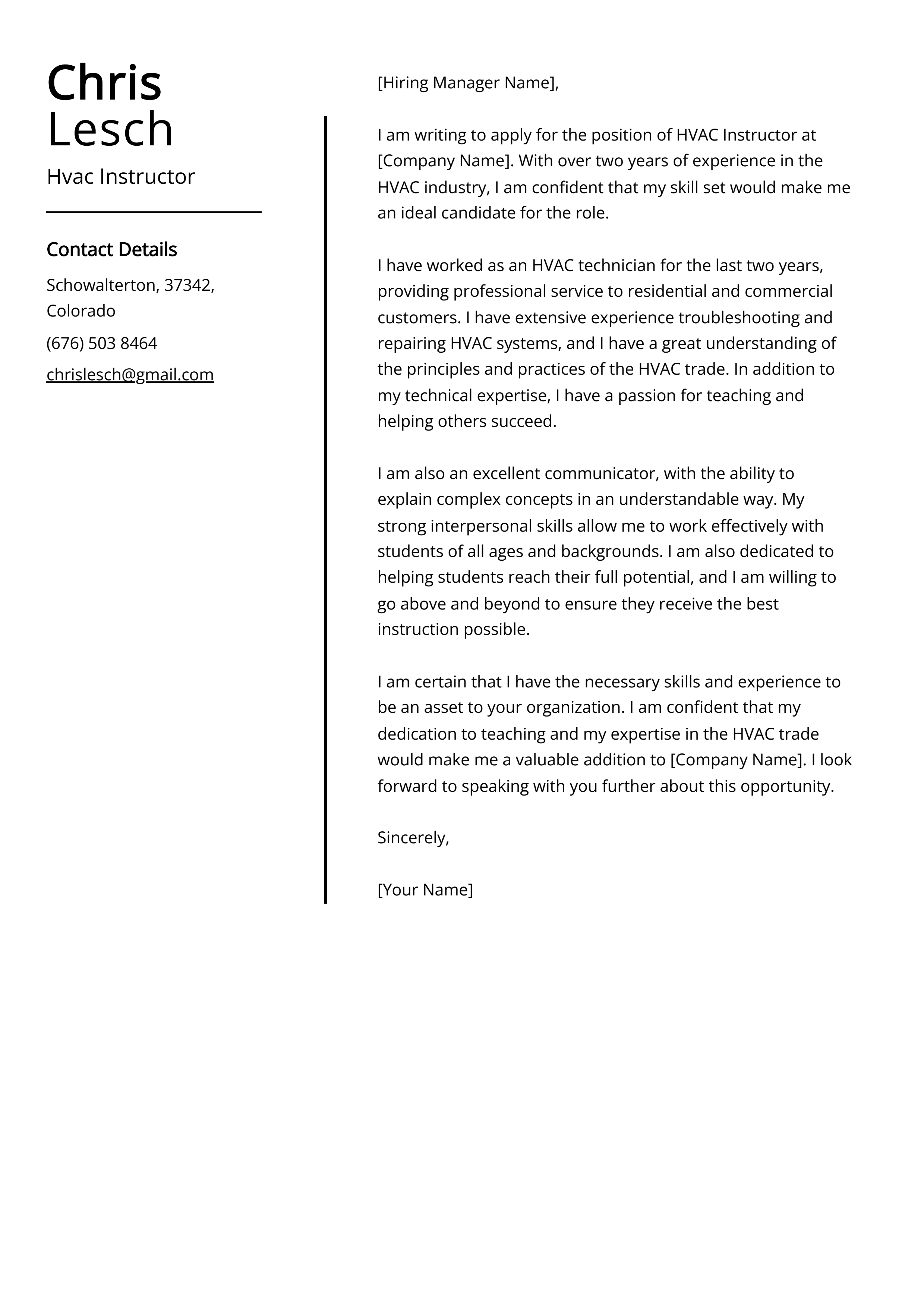 Hvac Instructor Cover Letter: Sample & Guide [Entry Level + Senior Jobs]