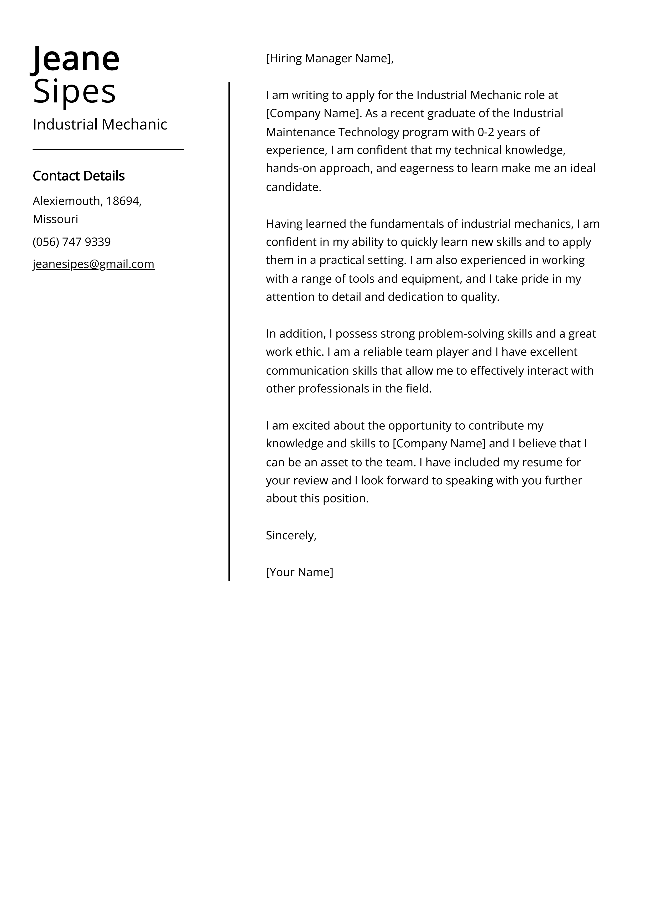 Industrial Mechanic Cover Letter: Sample & Guide [Entry Level + Senior ...