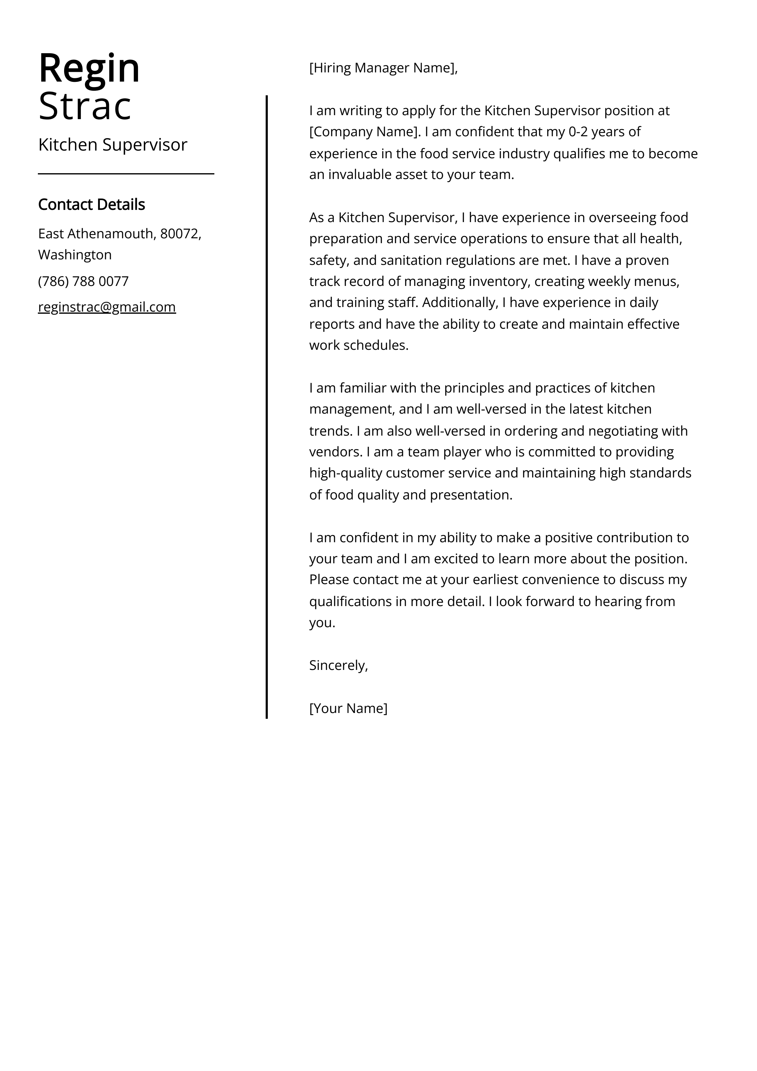 Kitchen Supervisor Cover Letter: Job Description, Sample & Guide