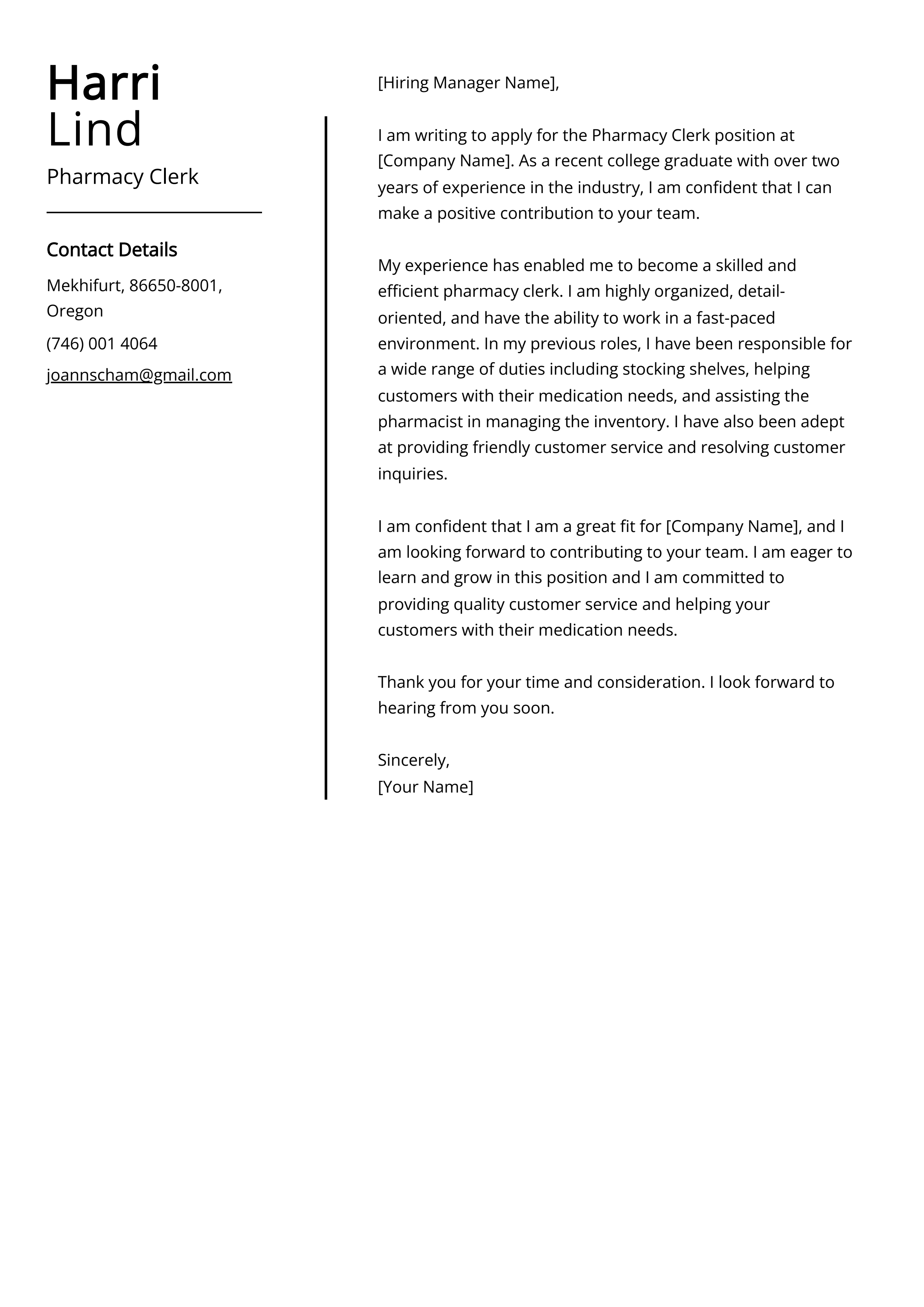 Pharmacy Clerk Cover Letter Example (Free Guide)