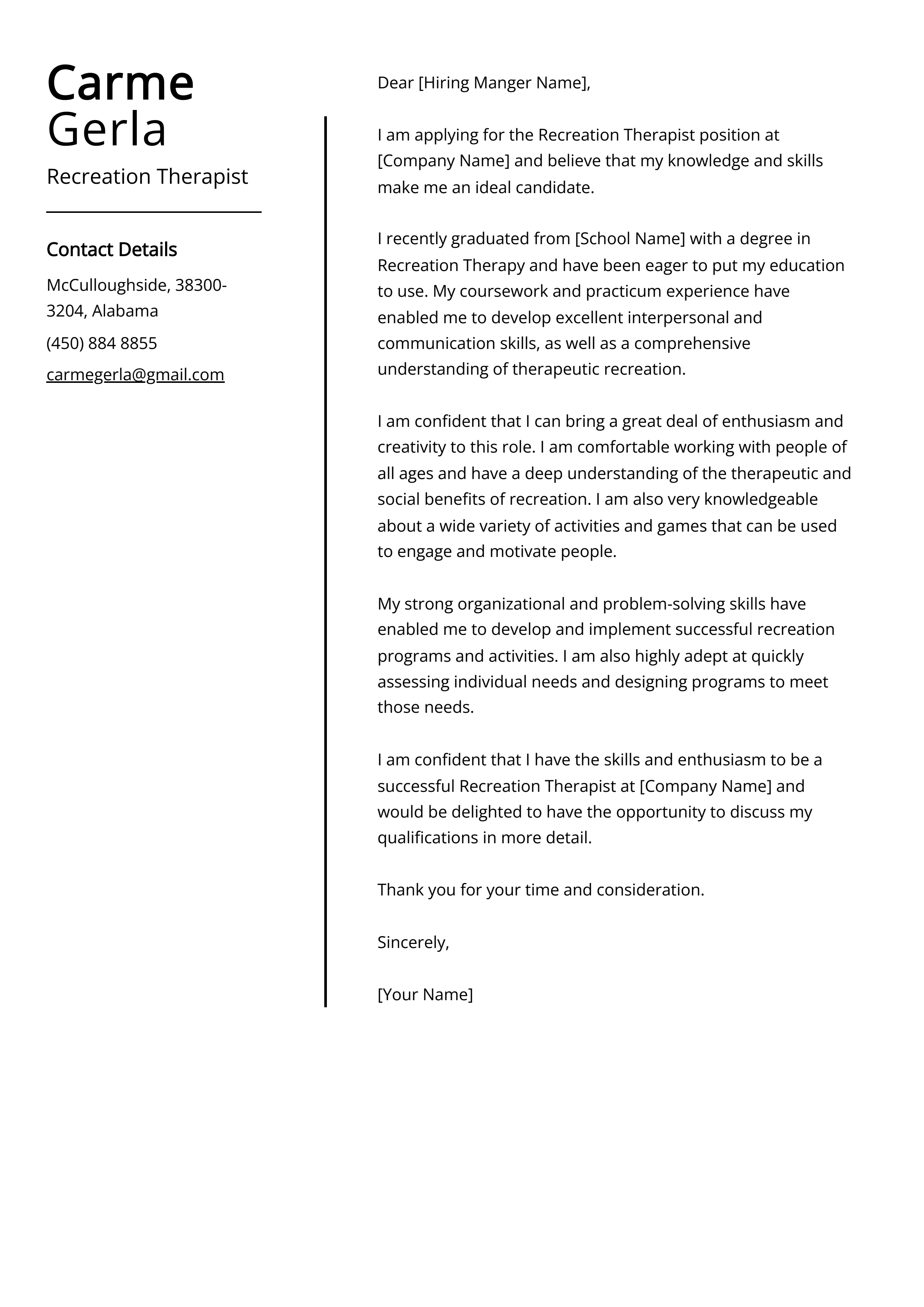 Recreation Therapist Cover Letter Examples Template 20 Tips 