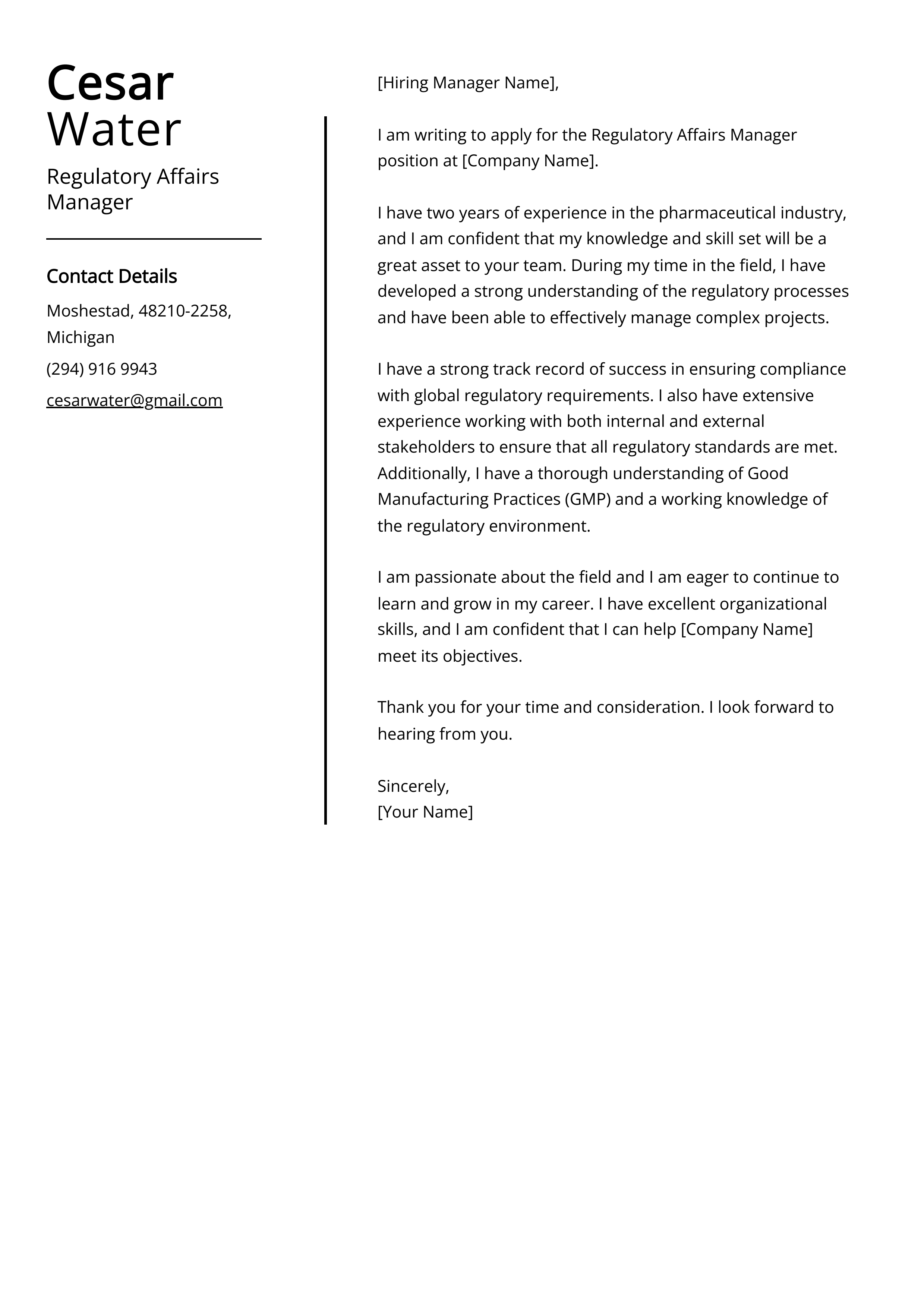 Regulatory Affairs Manager Cover Letter Examples (Template & 20+ Tips)