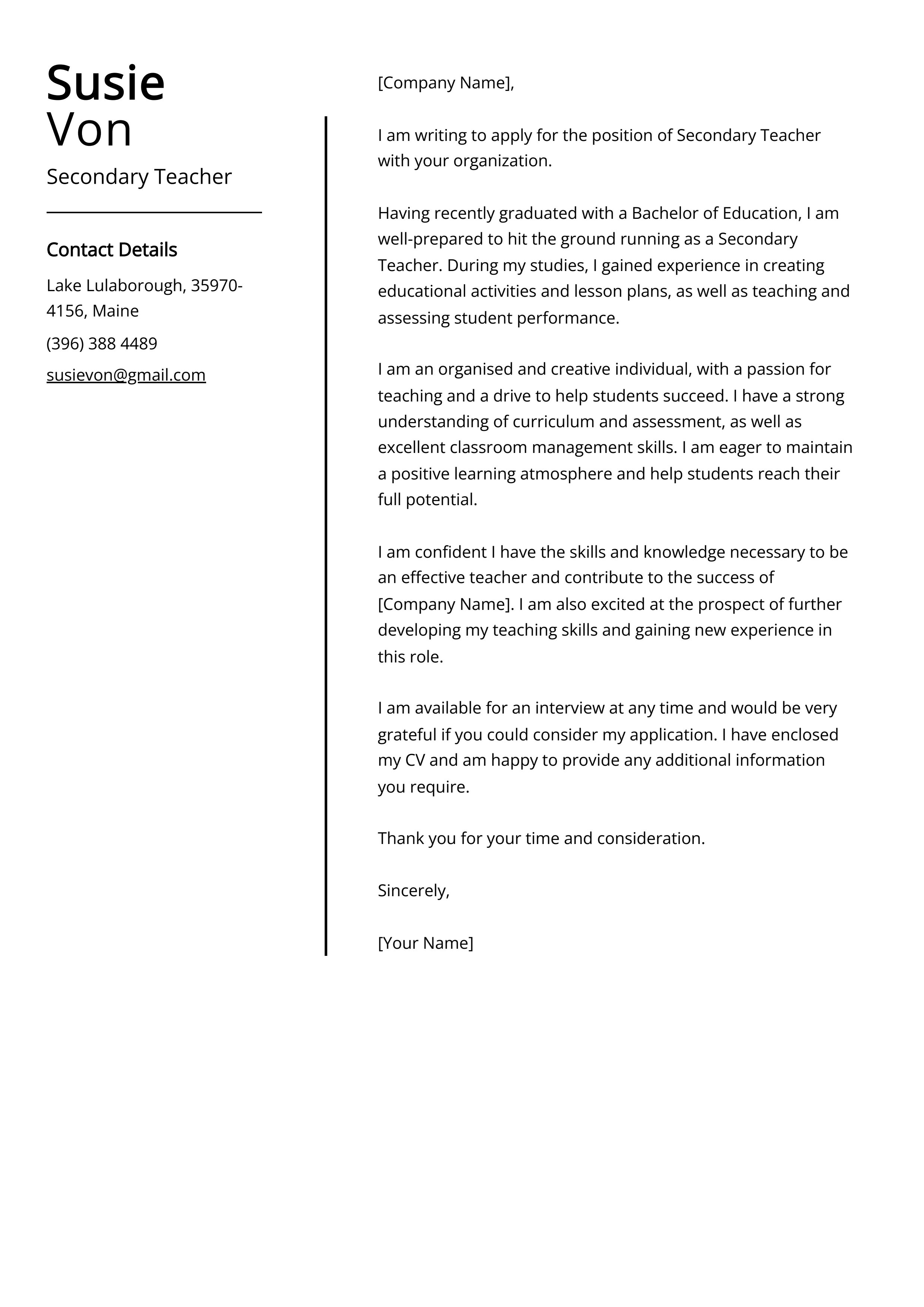 Secondary Teacher Cover Letter Example Free Guide 