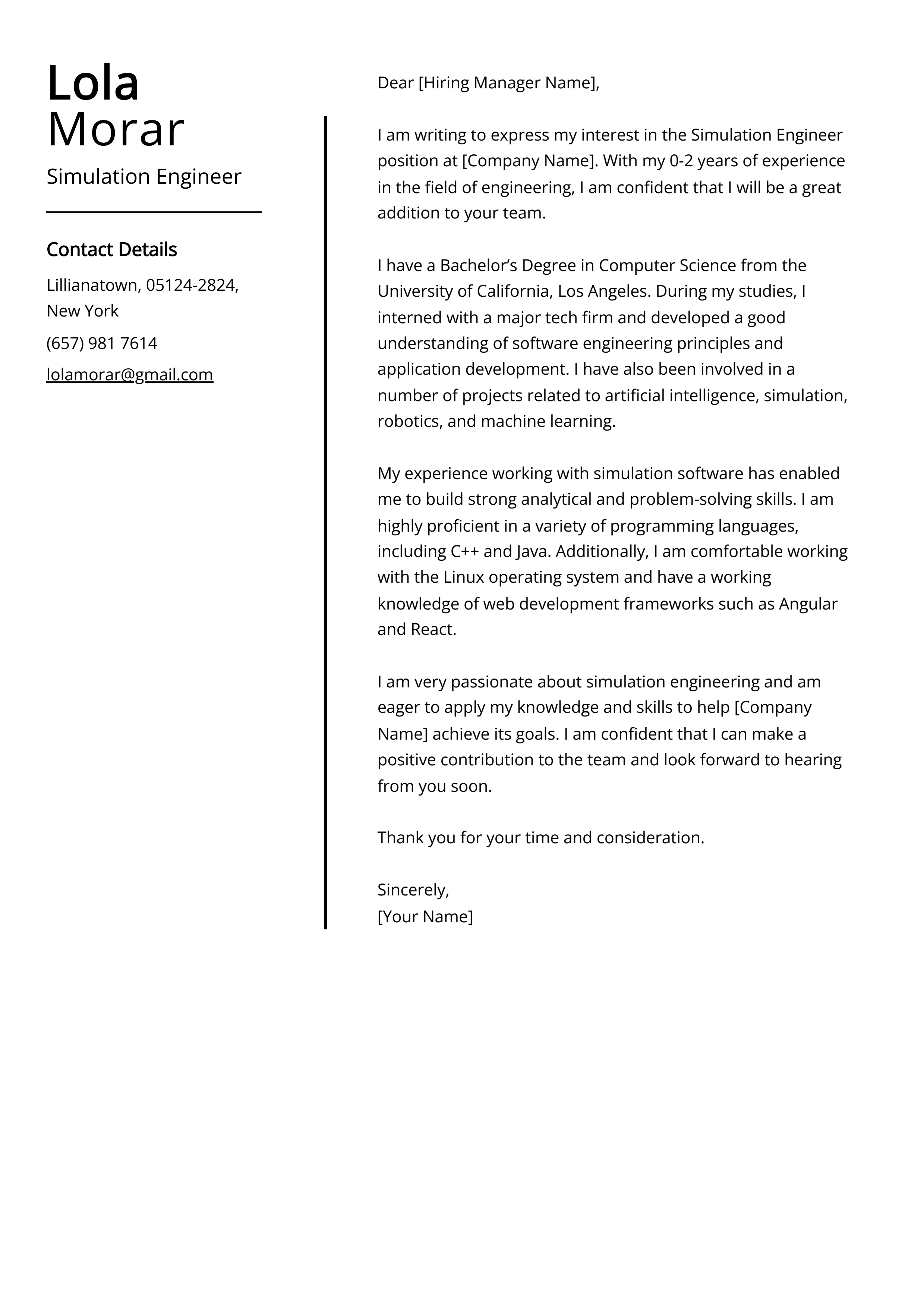 Simulation Engineer Cover Letter Examples (Template & 20+ Tips)