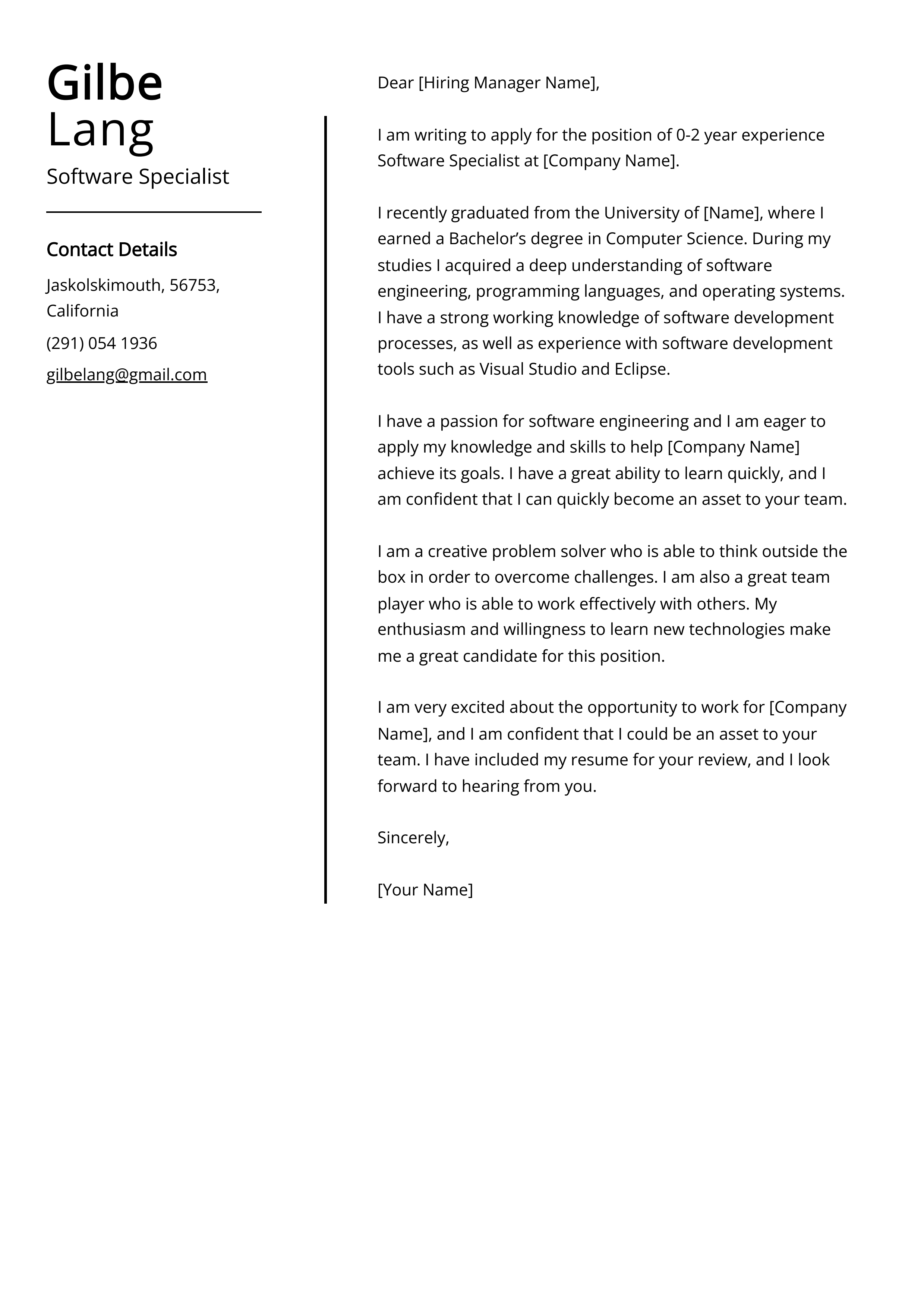 Software Specialist Cover Letter Examples (Template & 20+ Tips)