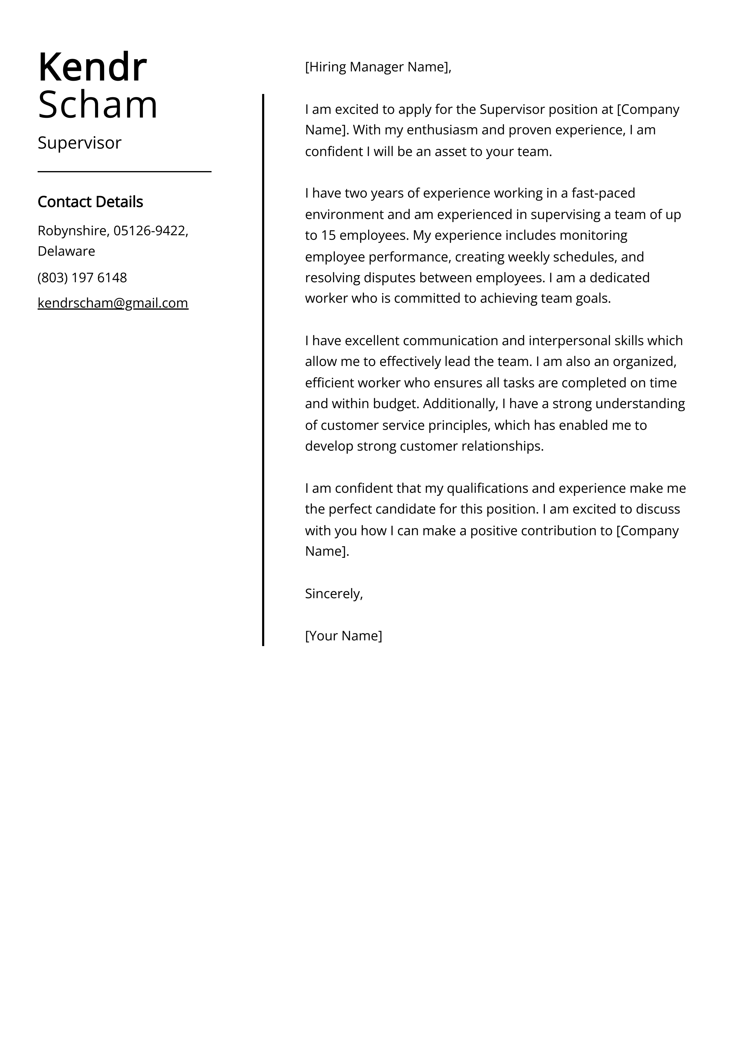 Supervisor Cover Letter Example Free Guide 