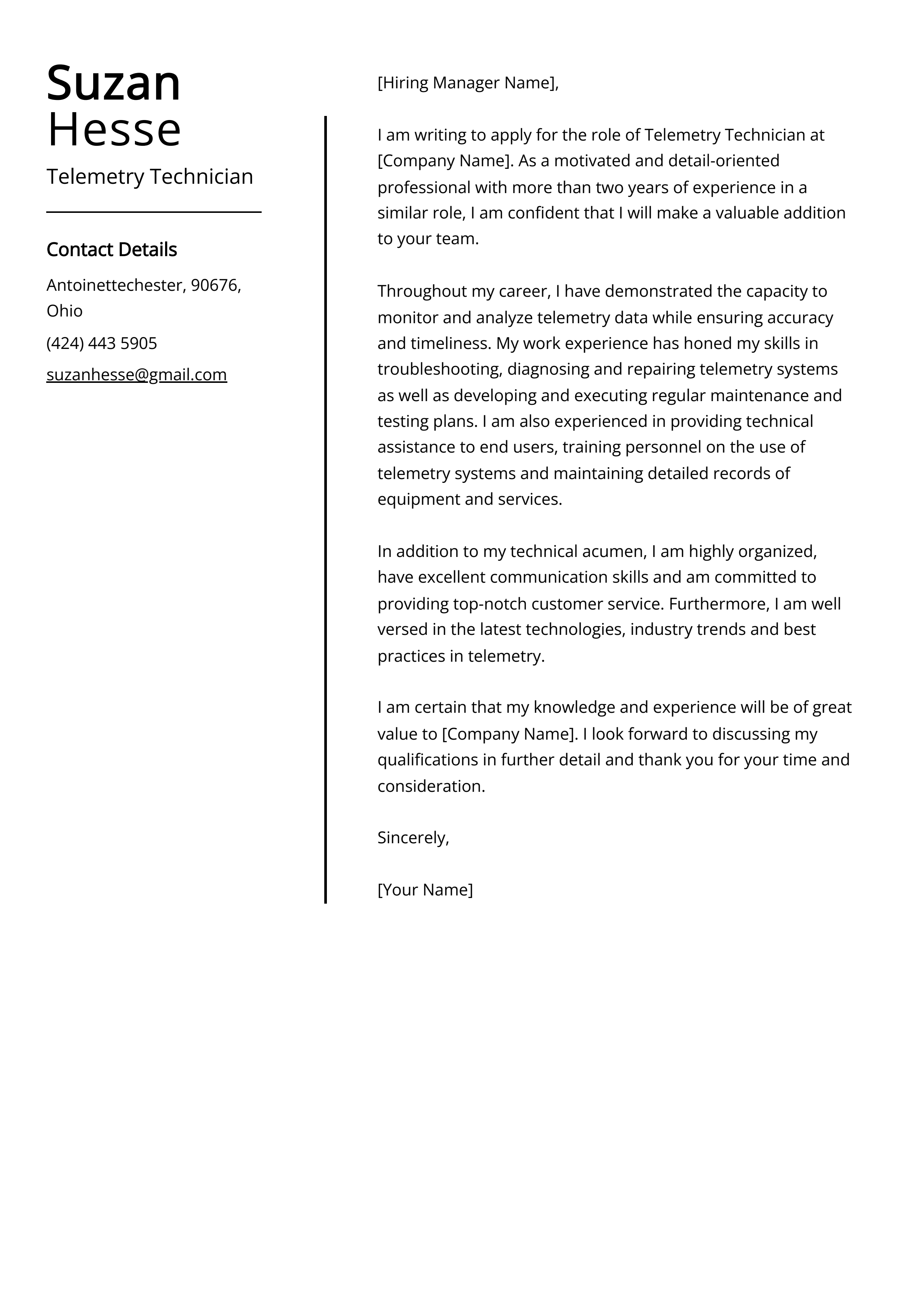Telemetry Technician Cover Letter Examples (Template & 20+ Tips)