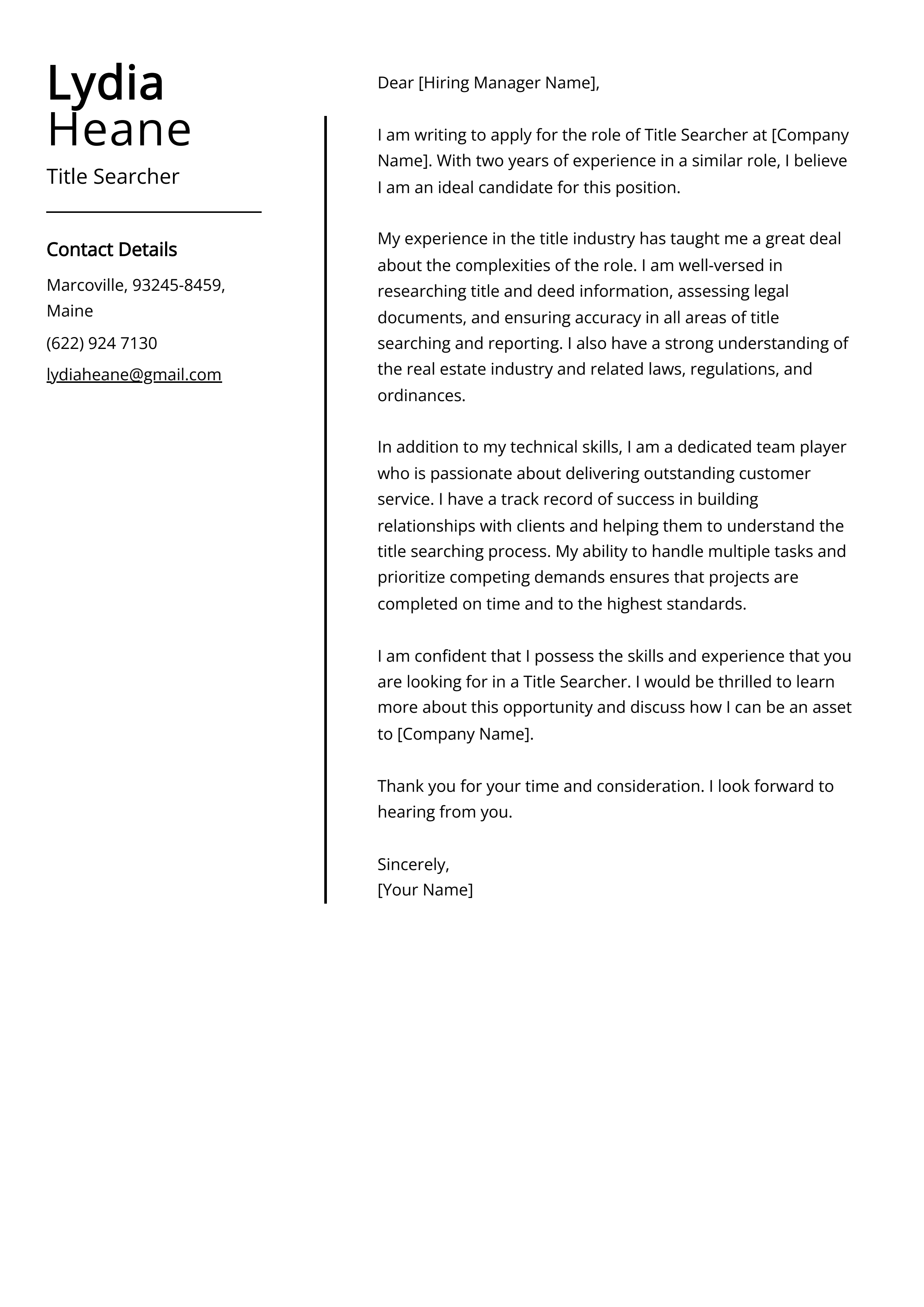 Title Searcher Cover Letter Examples (Template & 20+ Tips)