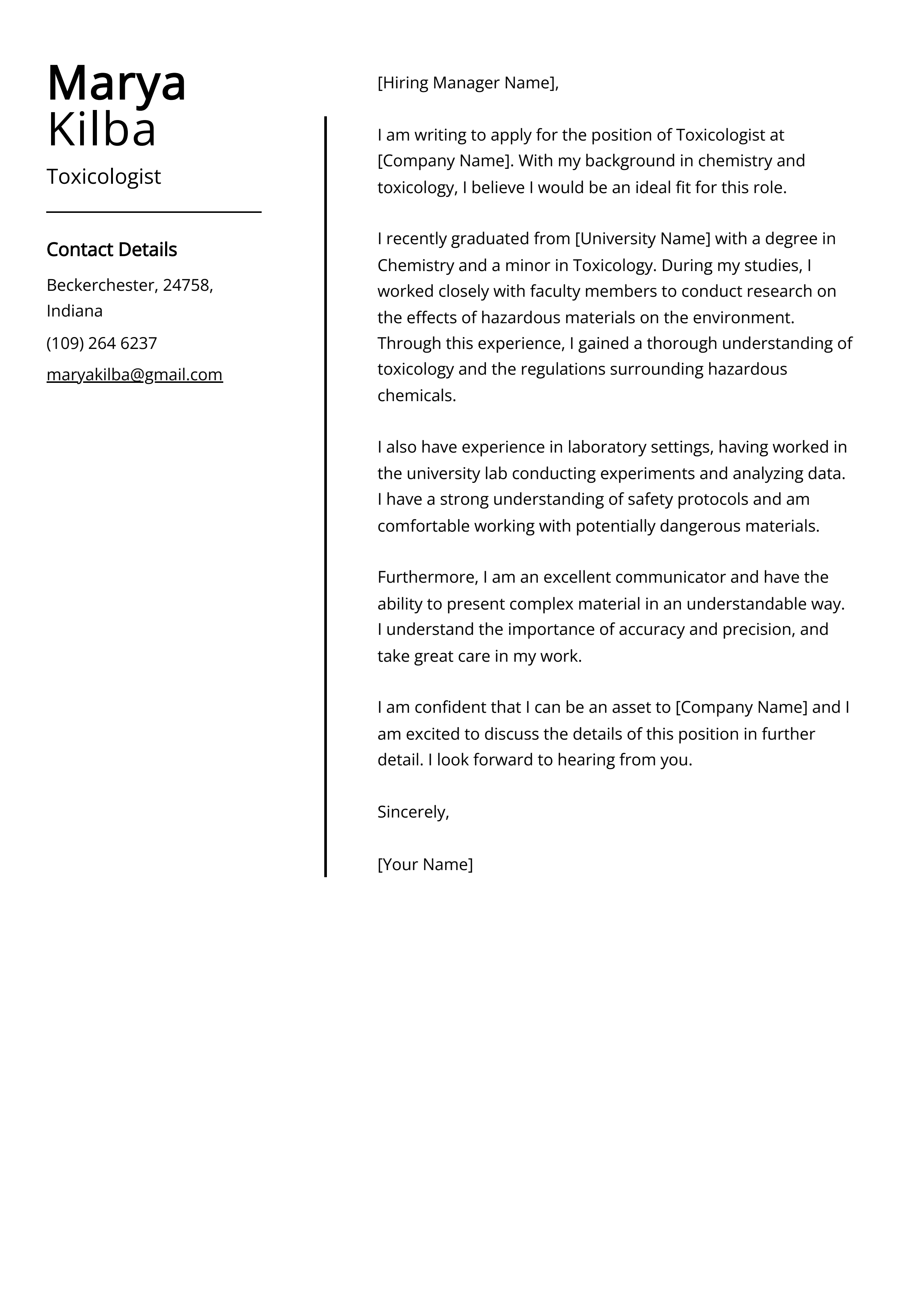 Toxicologist Cover Letter Examples (Template & 20+ Tips)