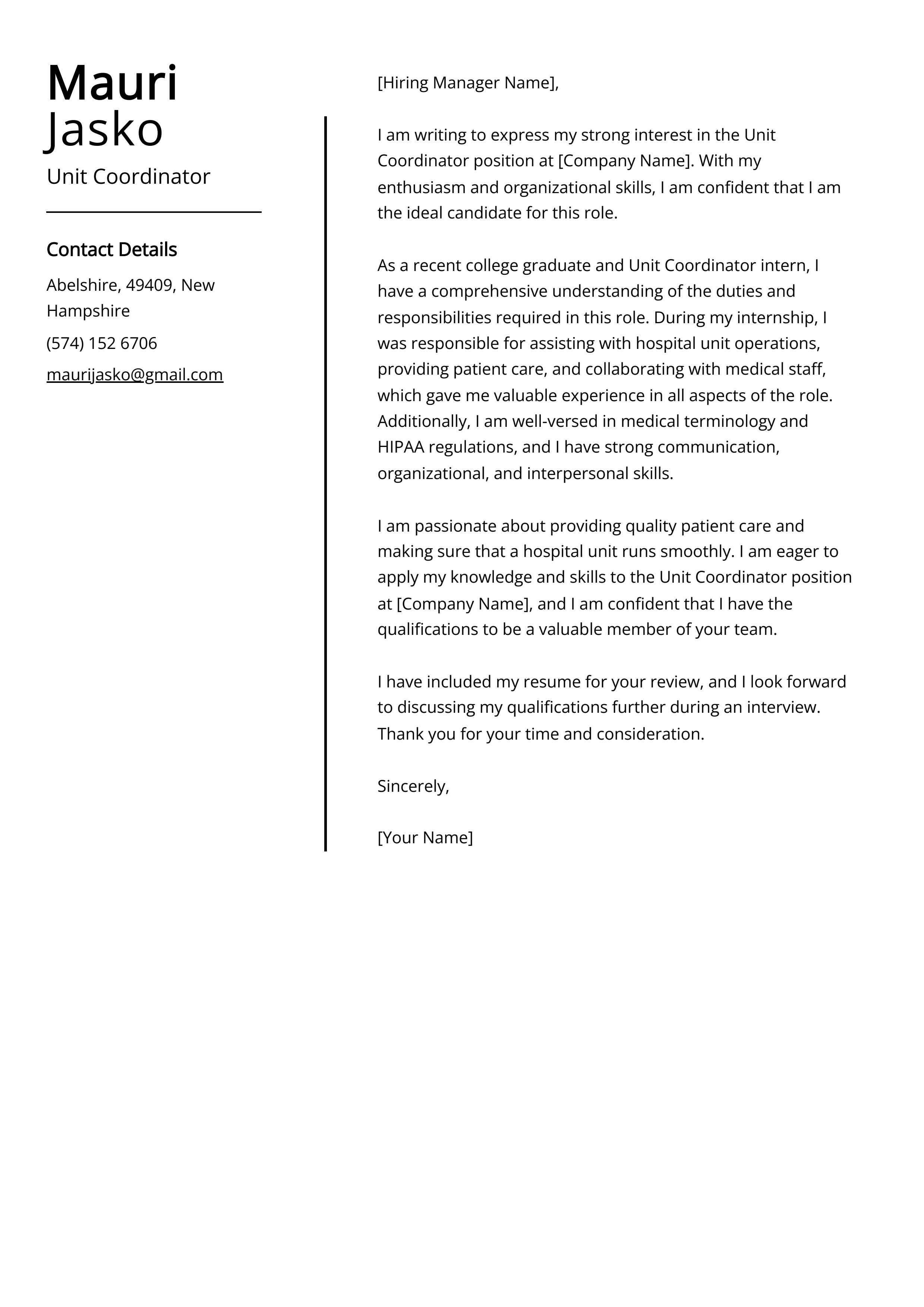 Unit Coordinator Cover Letter Examples & Guide