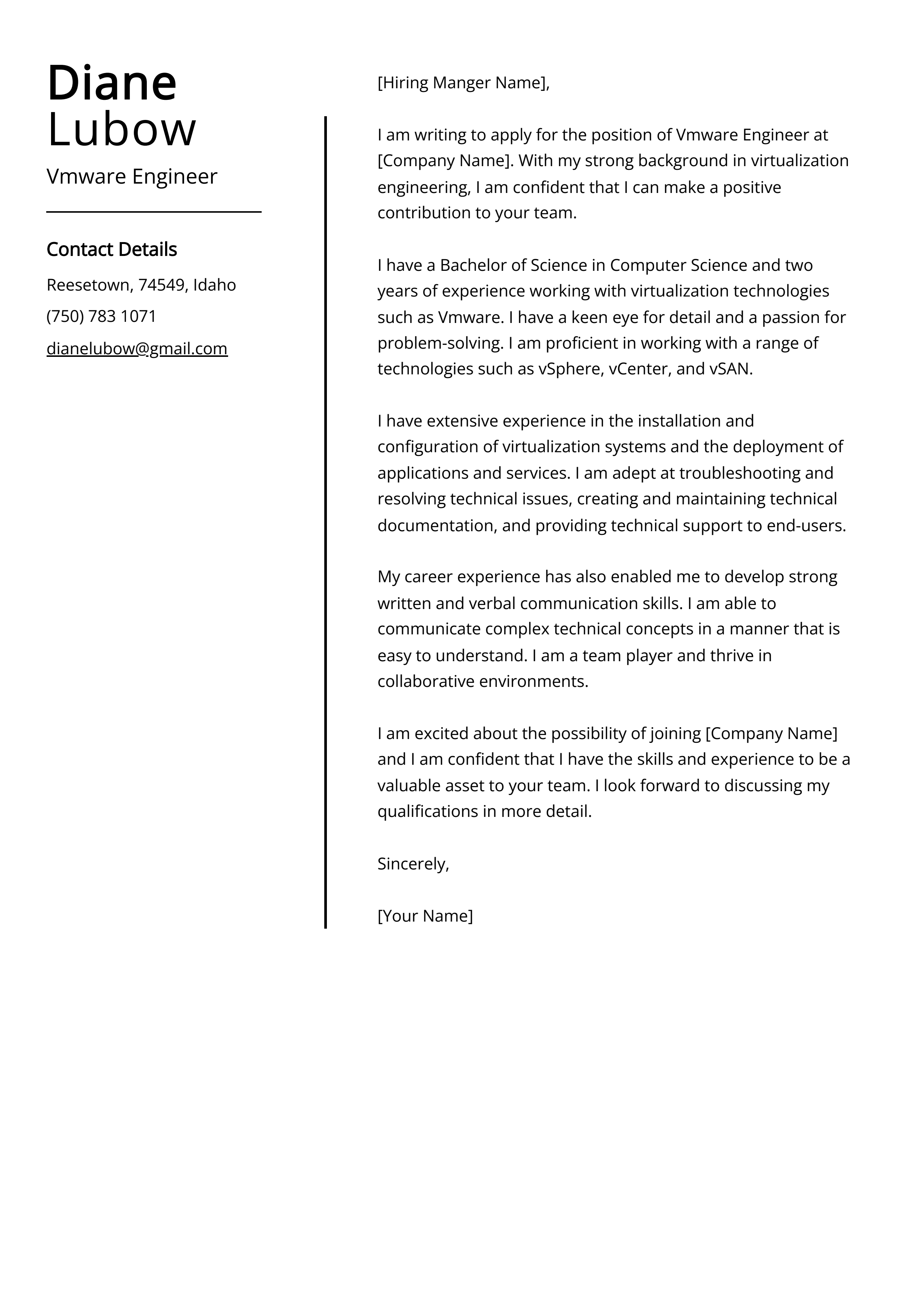 Vmware Engineer Cover Letter Examples & Guide