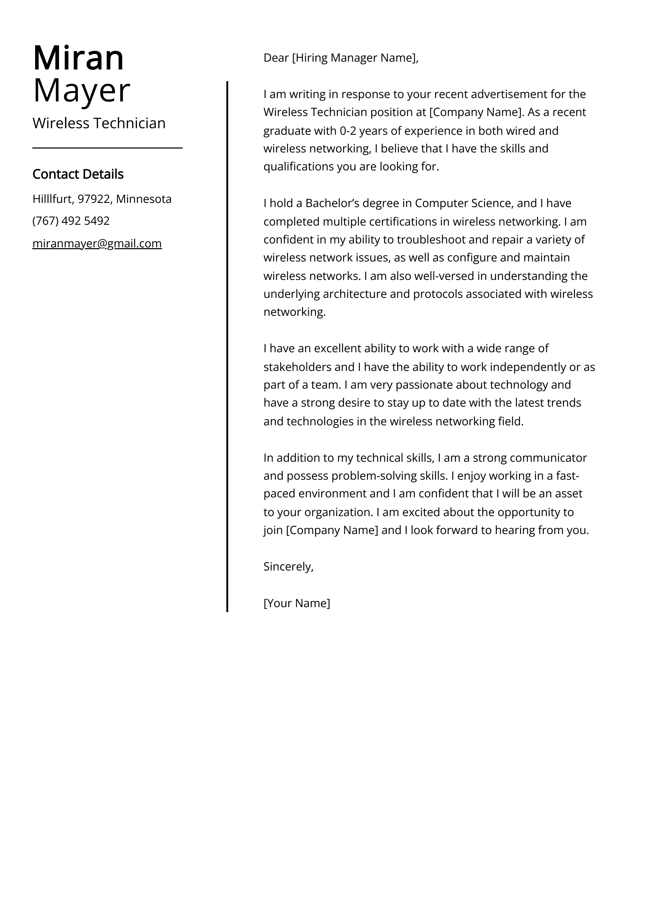 Wireless Technician Cover Letter Examples & Guide